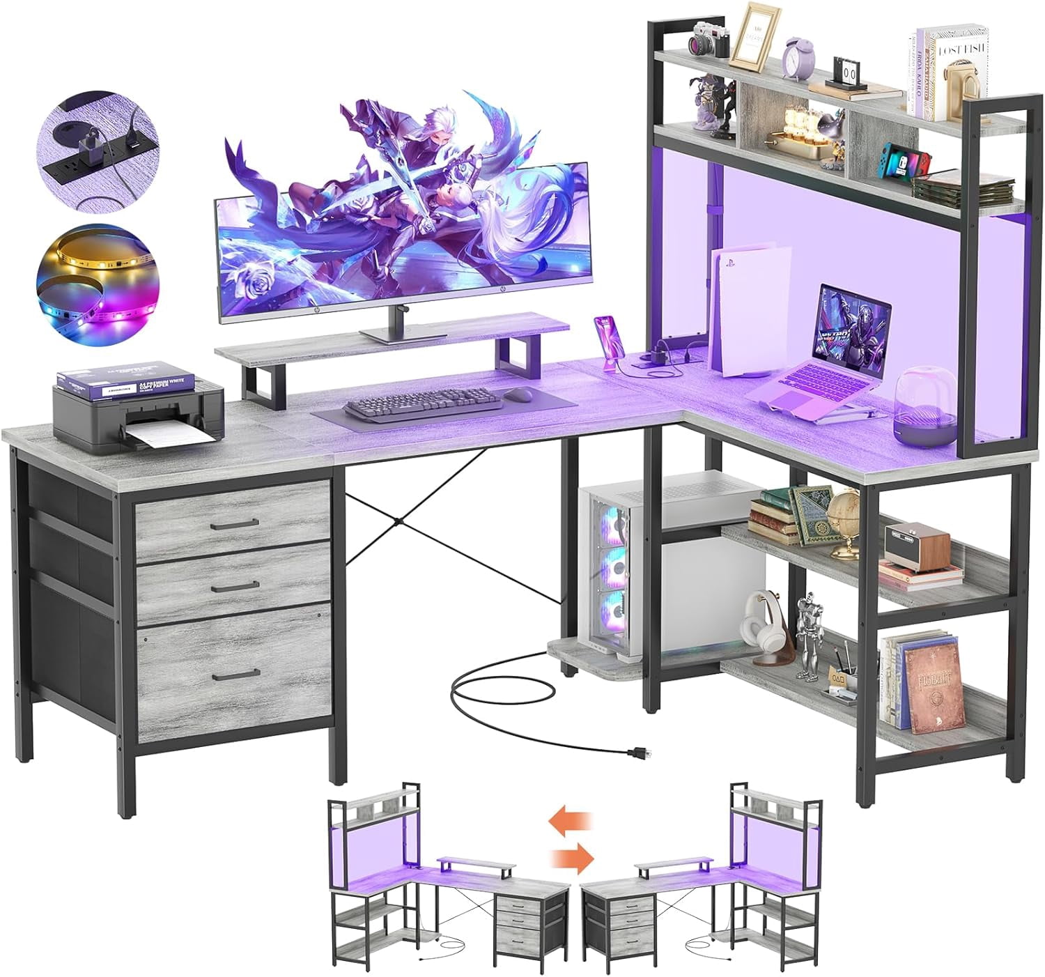 Aheaplus L Shaped Gaming Desk with Hutch, Gaming Desk with Led Lights ...