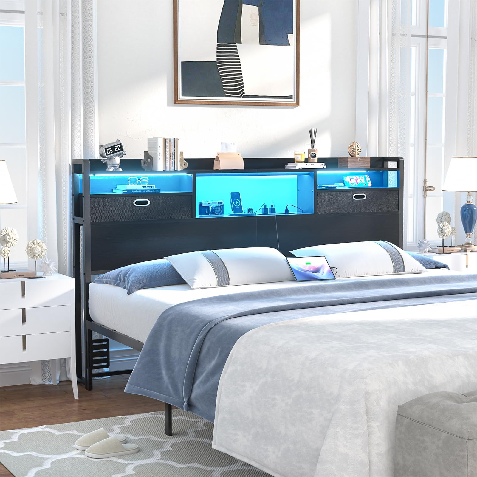 Aheaplus Queen Headboard with Drawer Storage and LED Light, Wood ...