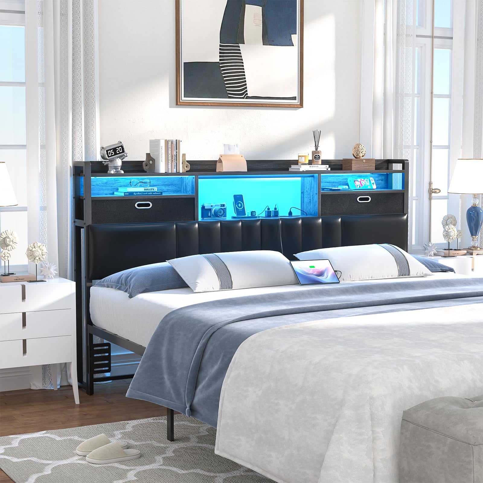 Aheaplus Queen Headboard with Drawer Storage and RGB LED Light, Queen ...