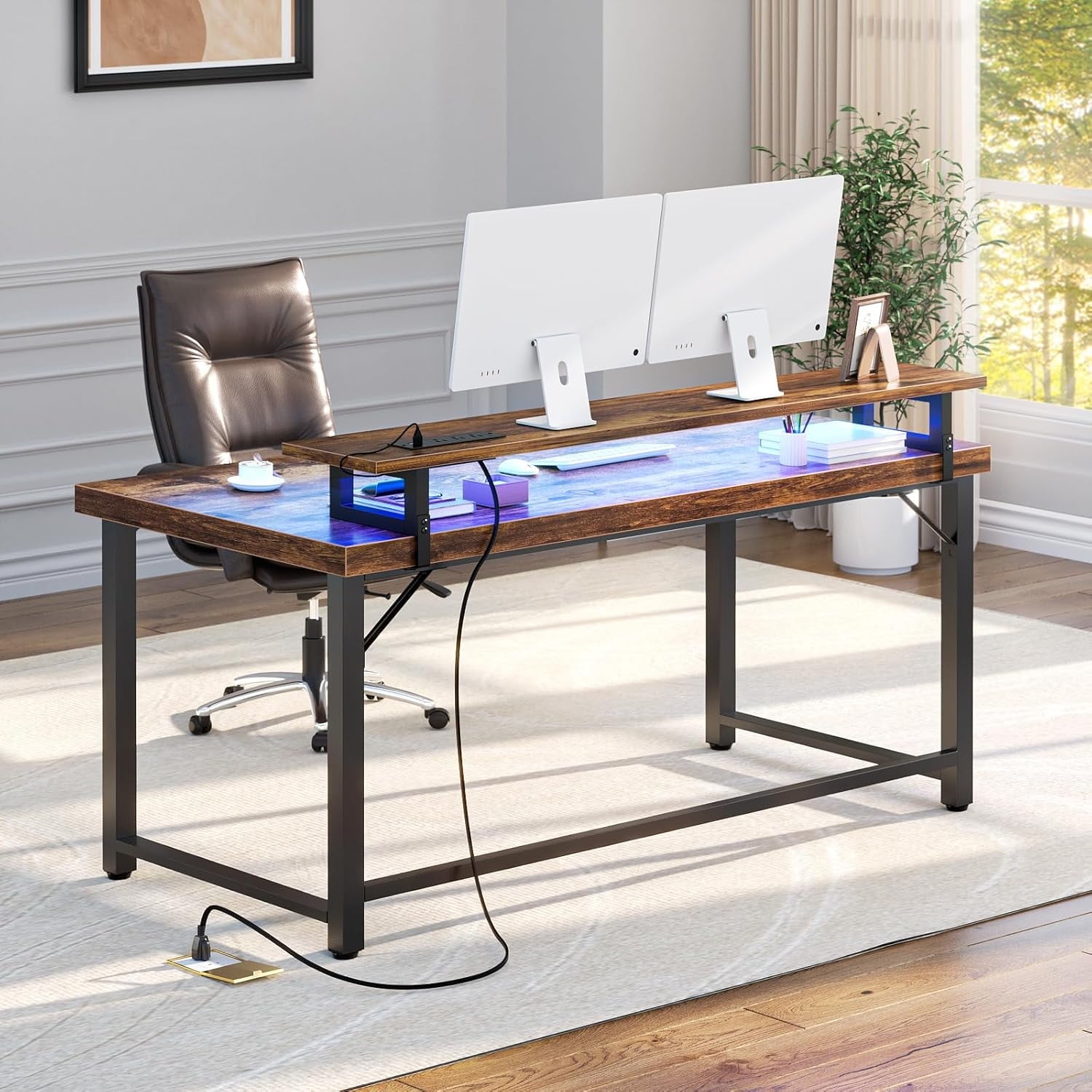 Aheaplus Rustic Computer Desk with Charging Station and LED Light ...