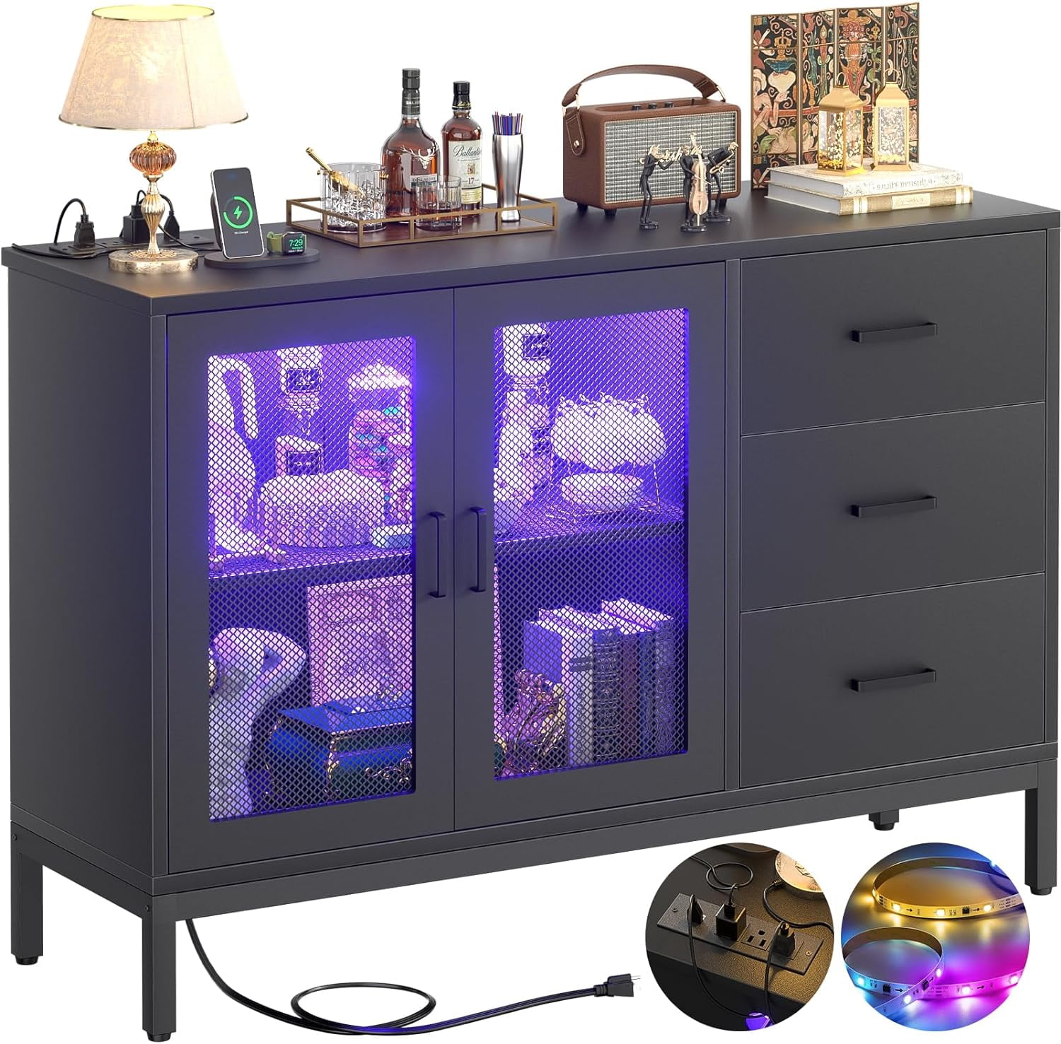 Aheaplus Sideboard Buffet with 3 Wood Drawers, Storage with Power Outlet, Coffee Bar with LED ...