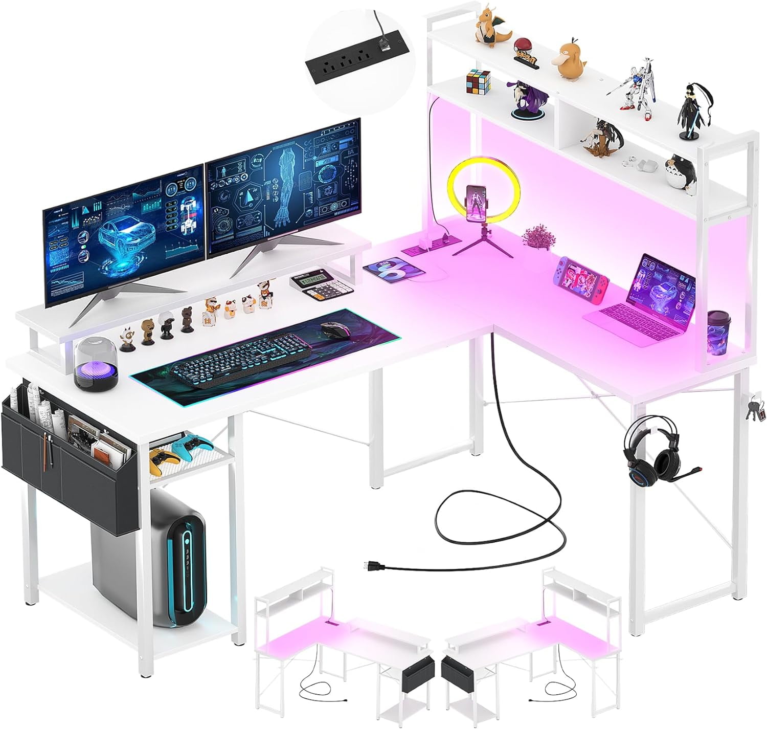 Aheaplus Small L Shaped Desk with Charging Port & LED Strip, Reversible ...