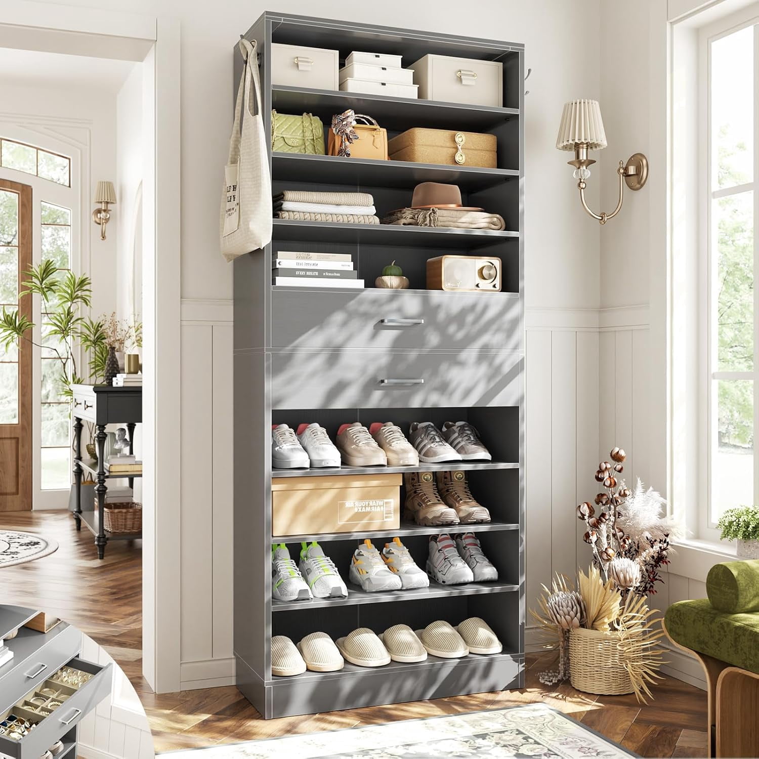 Aheaplus Tall Shoe Cabinet, 10 Tiers Wood Shoe Rack, Vertical Shoe ...