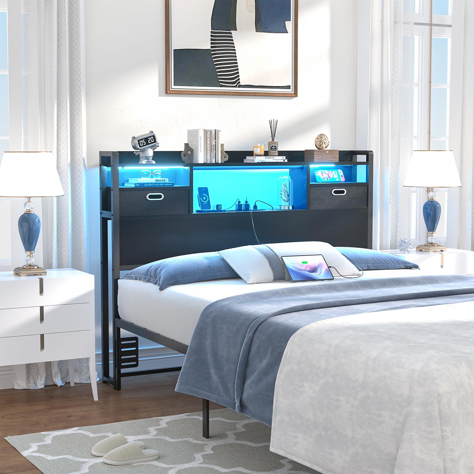 Aheaplus Twin Headboard with Drawer Storage and LED Light, Wood ...