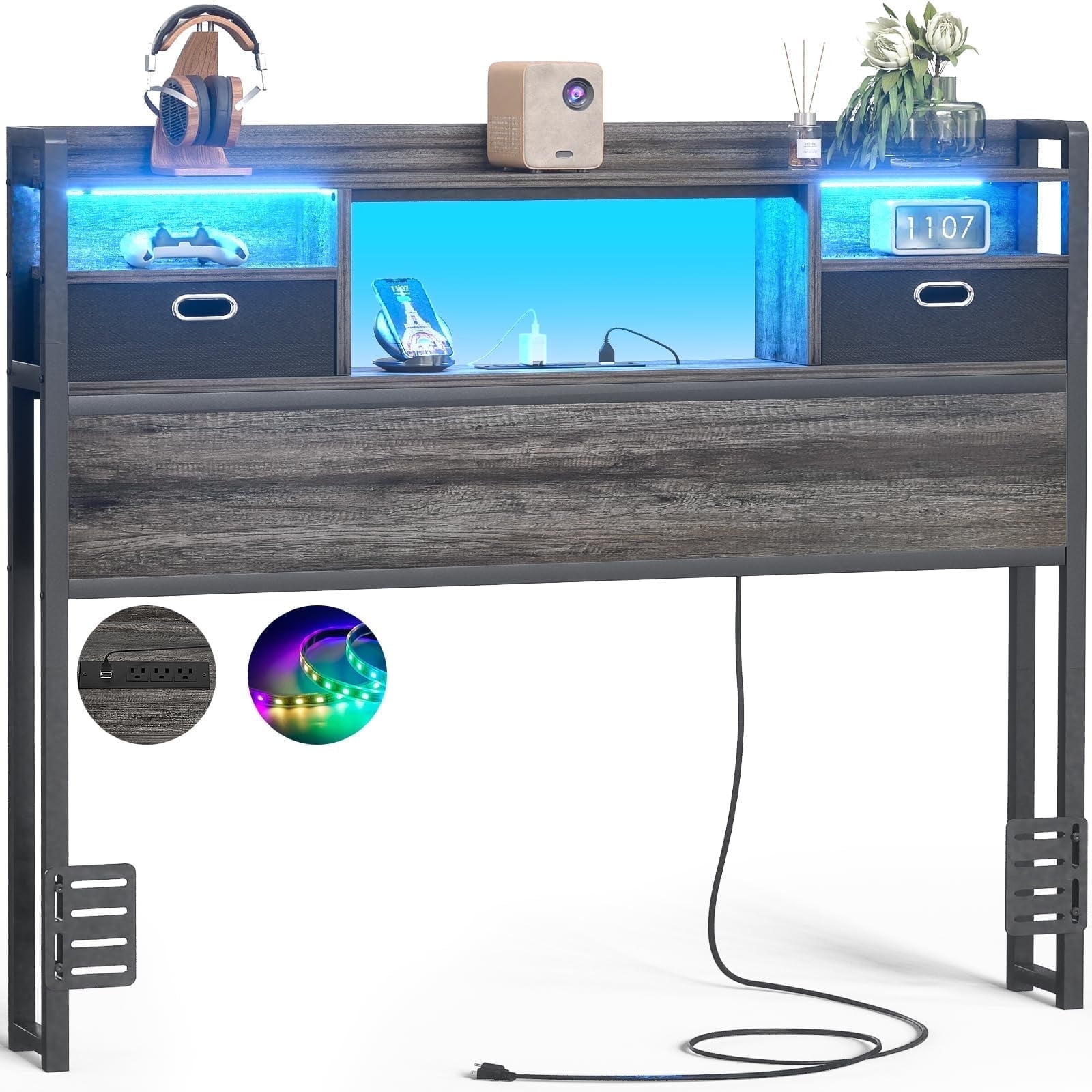 Aheaplus Twin Headboard with Drawer Storage and LED Light, Wood ...