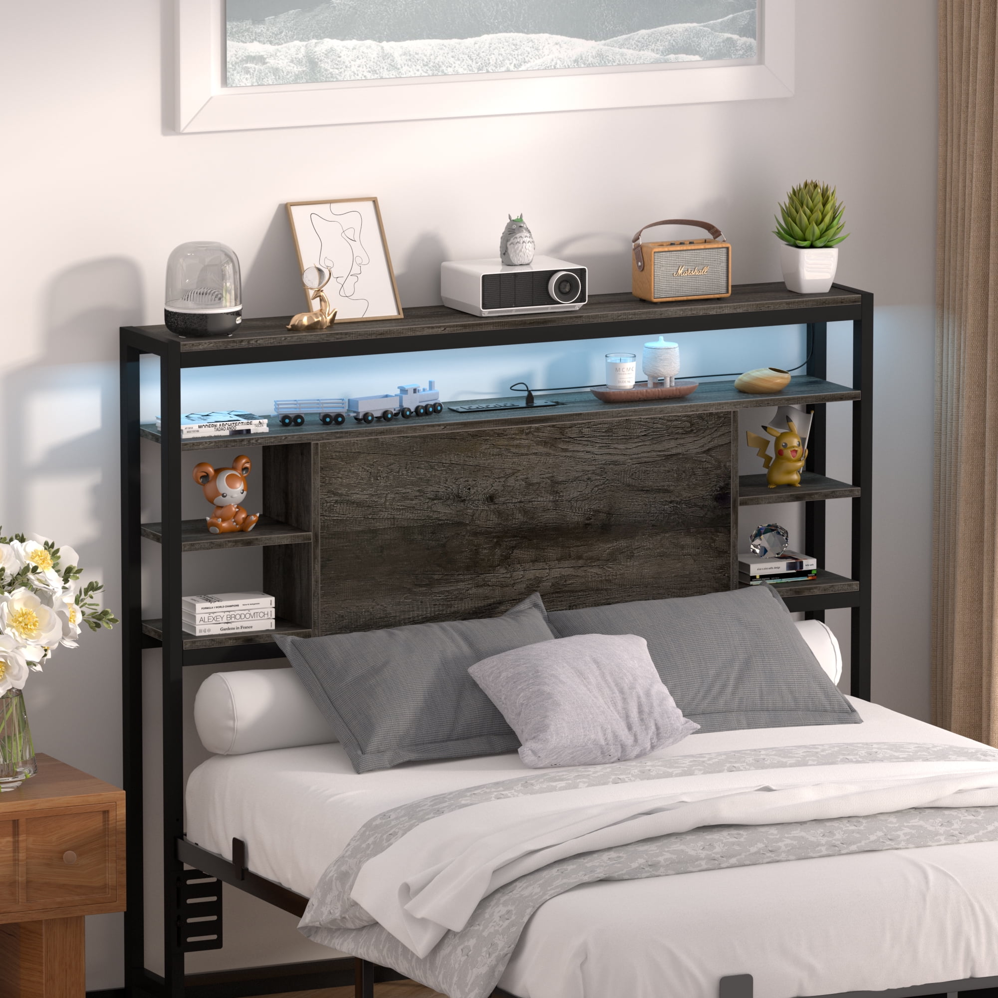 Aheaplus Twin Headboard with Storage, with Power Outlets and Smart LED ...