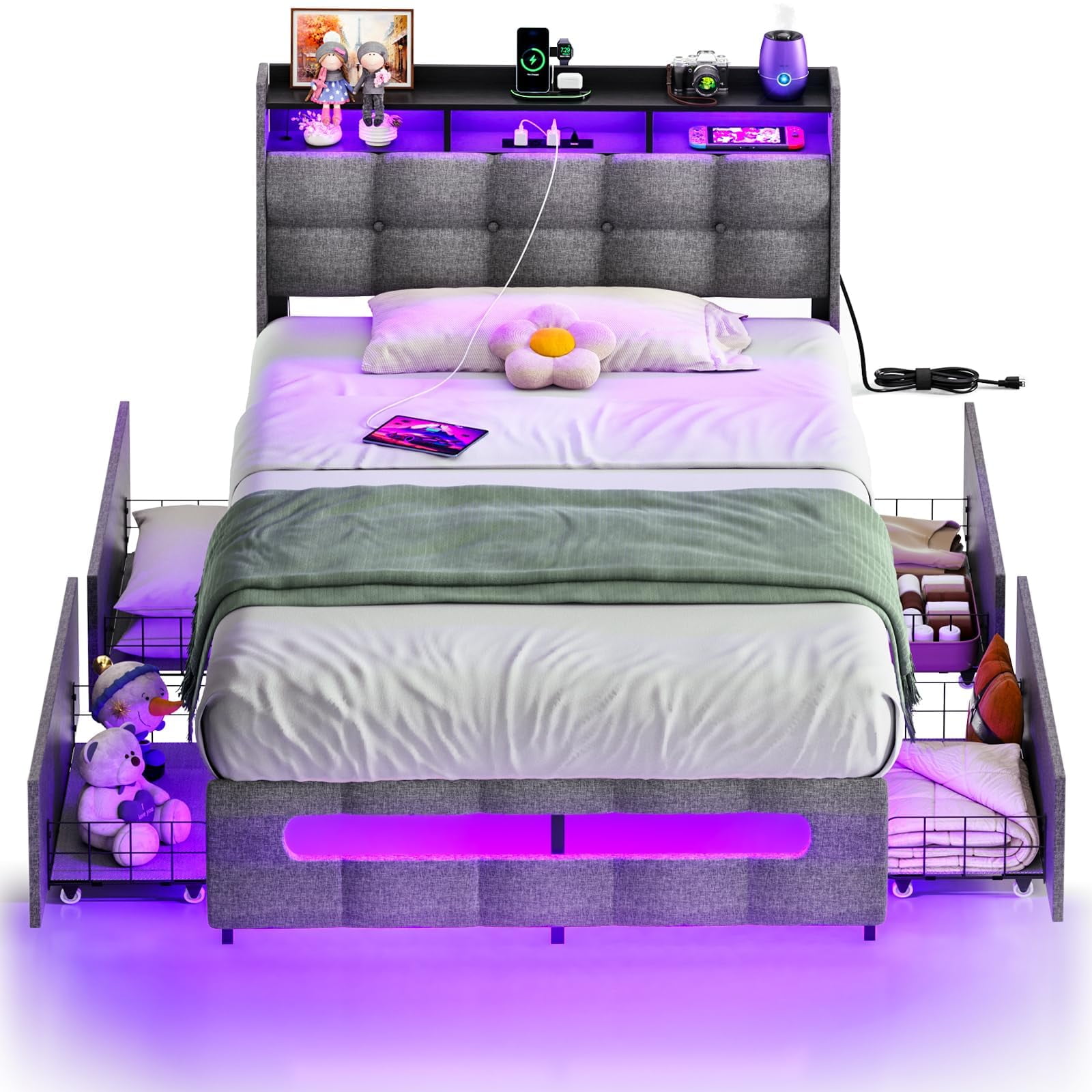 Aheaplus Twin Size Bed Frame with Drawers Charging Station LED Light ...