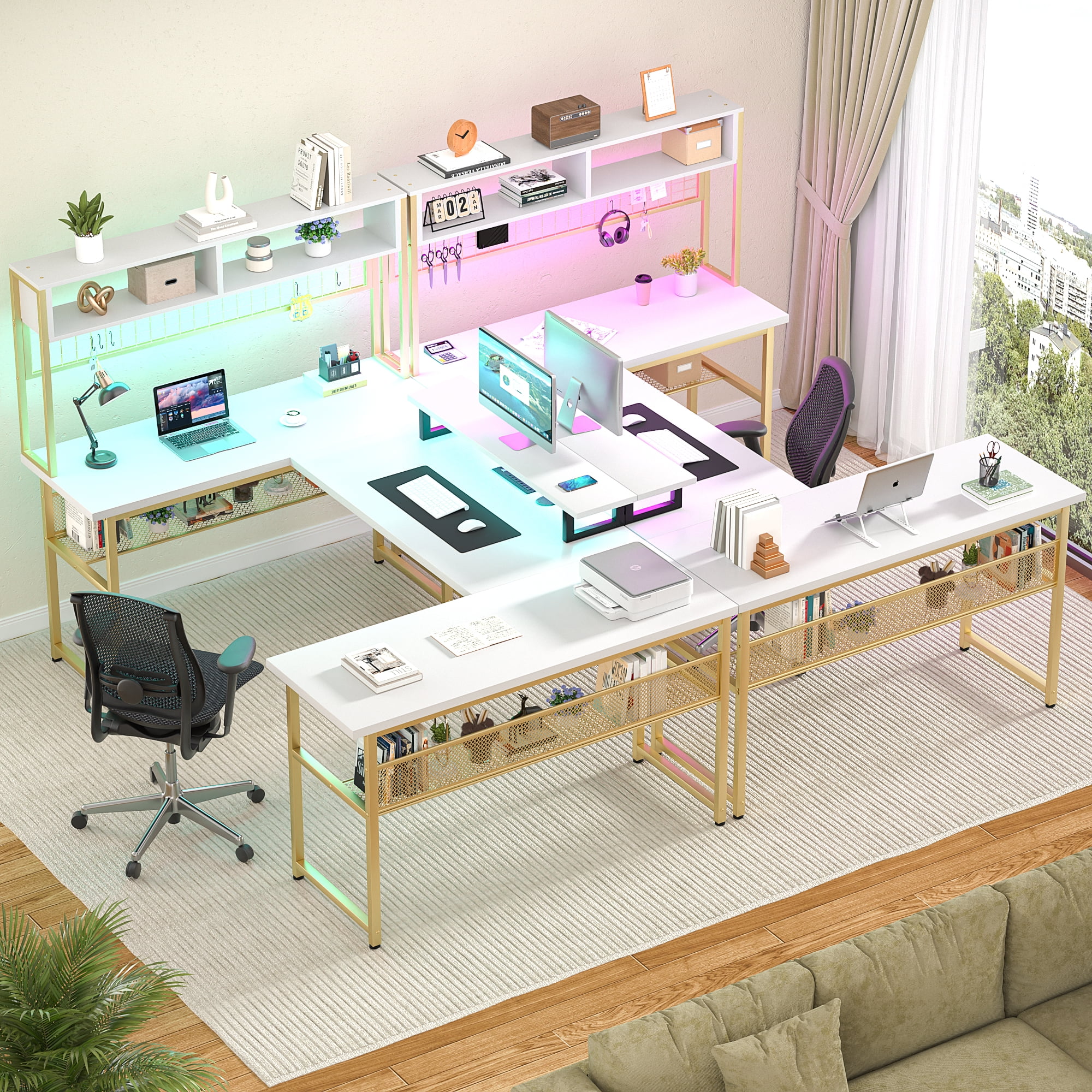 Aheaplus U Shaped Computer Desk with Hutch & Shelves, Reversible ...