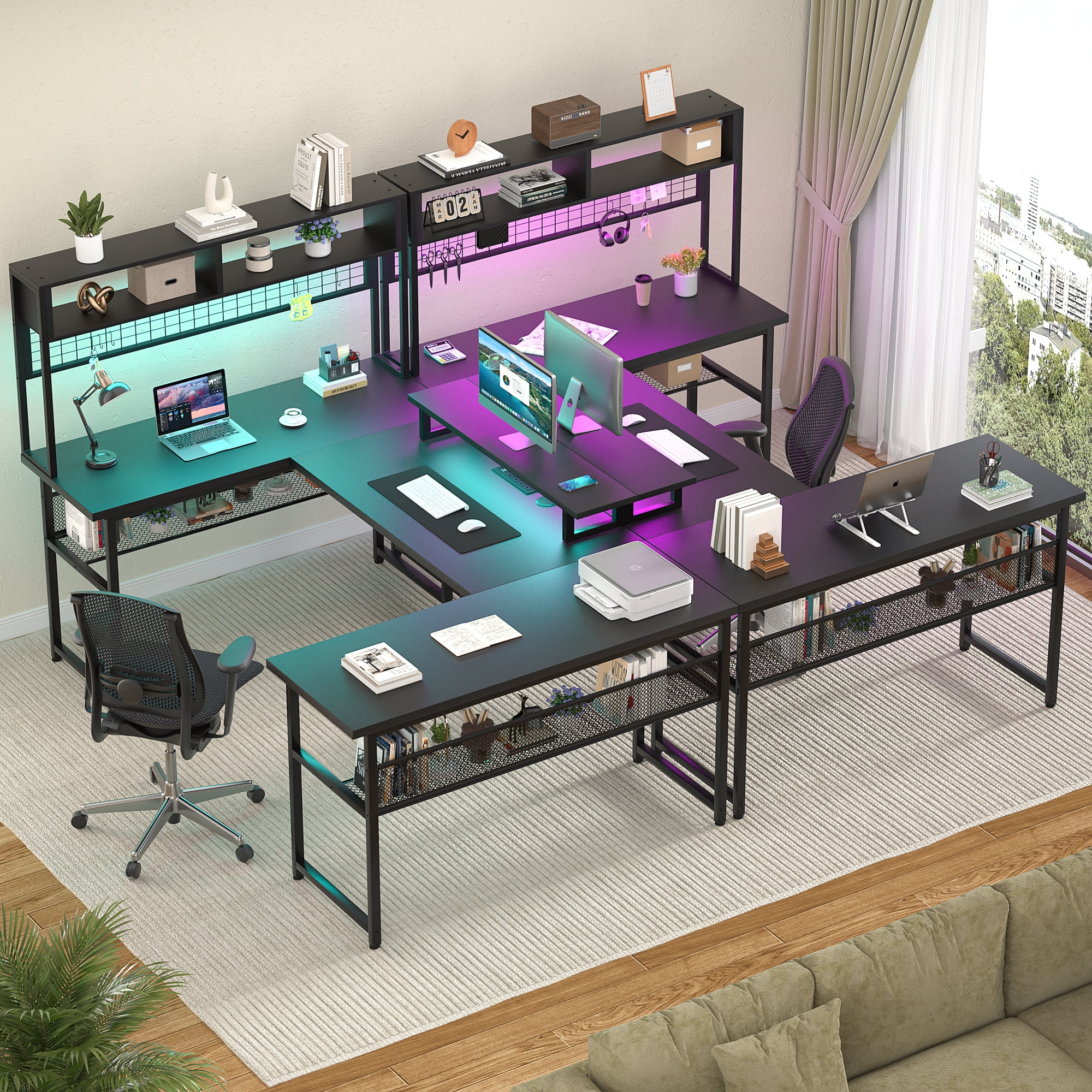 Aheaplus U Shaped Computer Desk with Hutch & Shelves, Reversible ...
