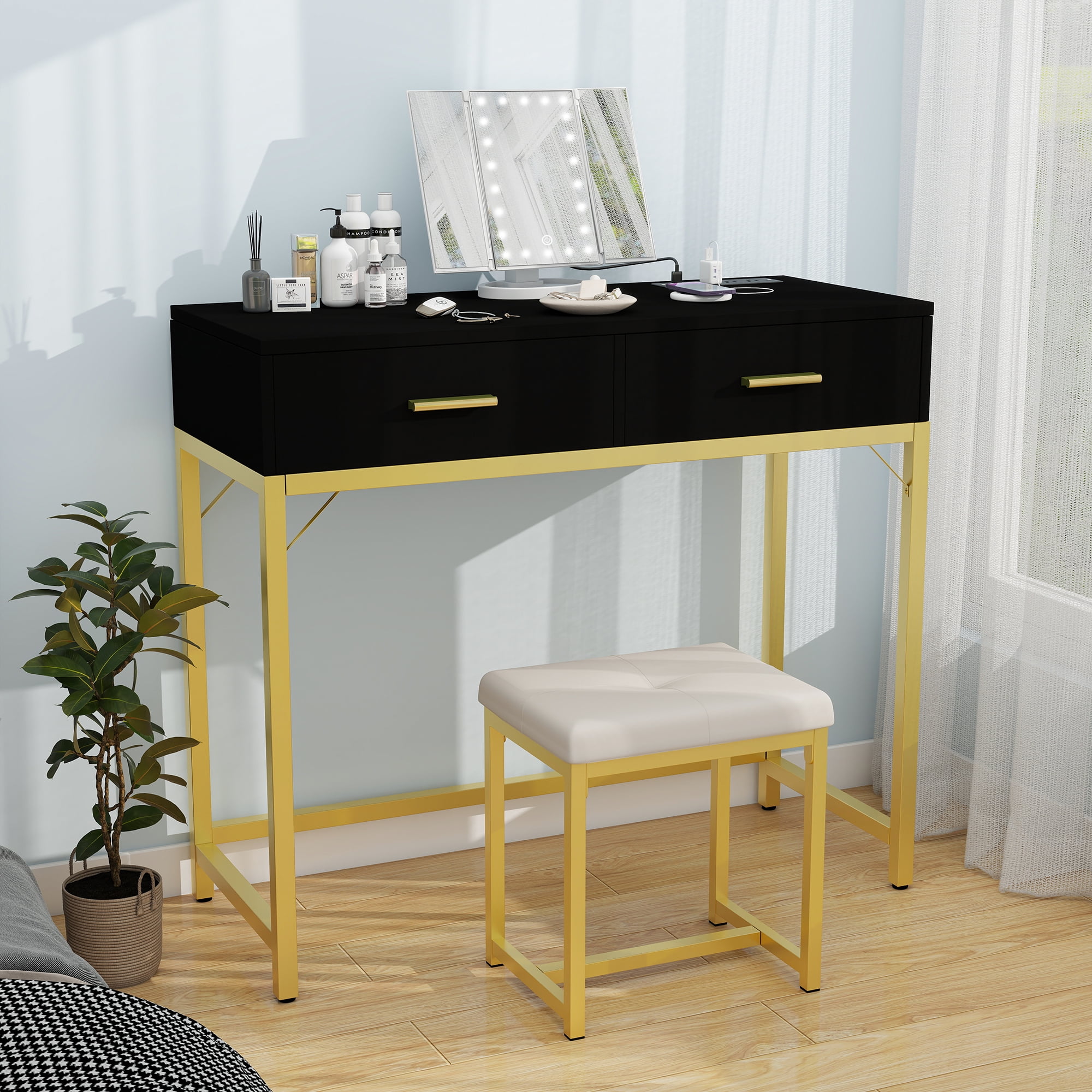 Aheaplus Vanity Desk with Charging Station, Black Makeup Vanity with ...