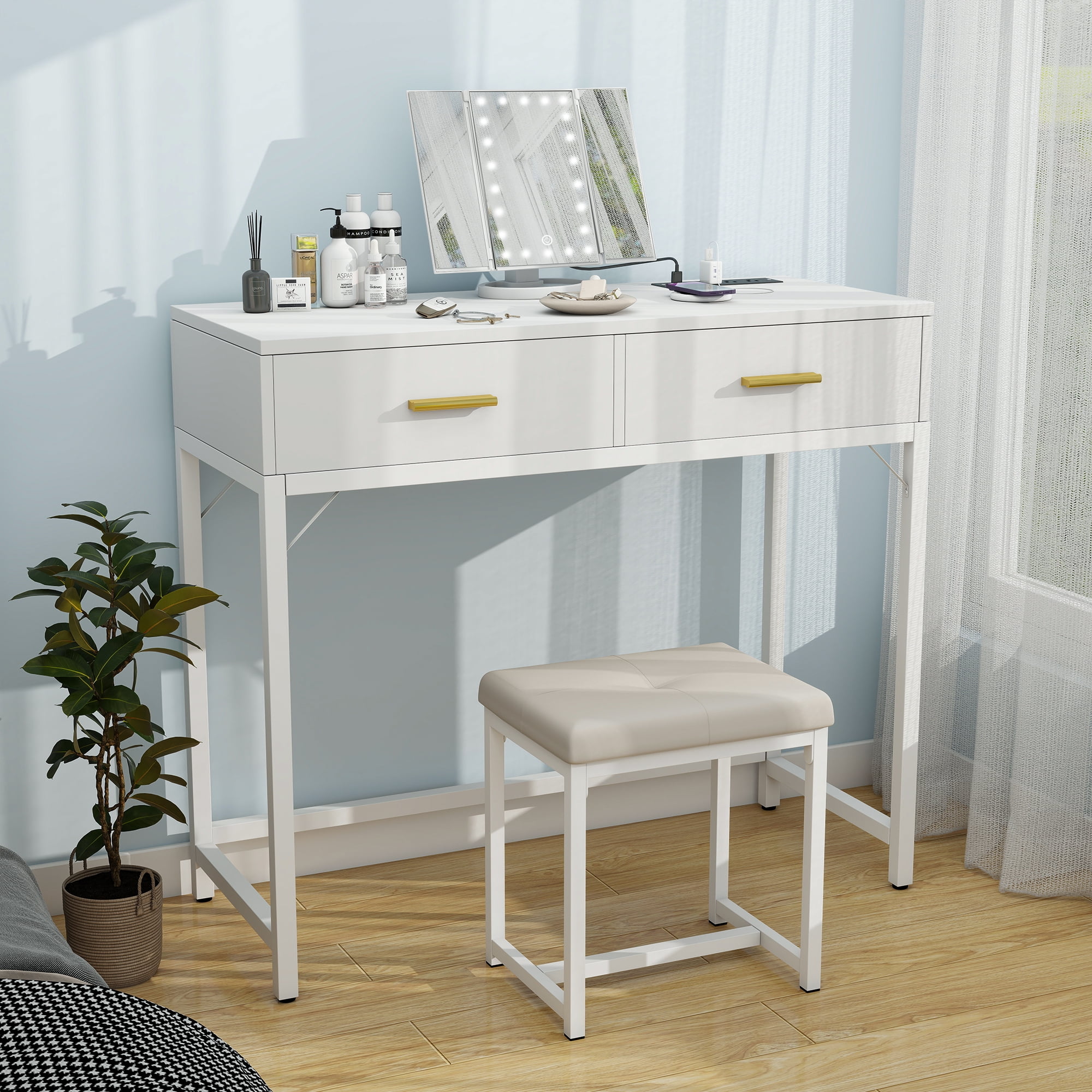 Aheaplus Vanity Desk with Charging Station, Black Makeup Vanity with ...