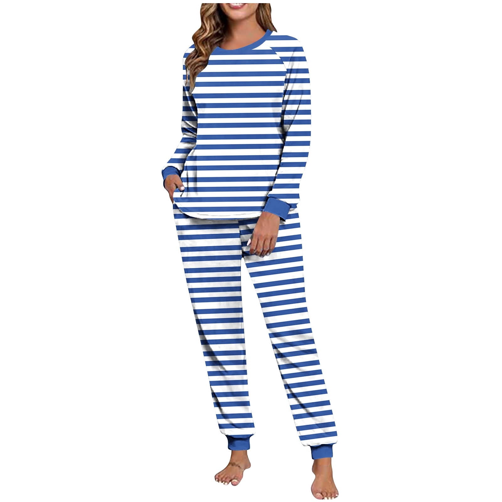 AherBiu 2 Piece Pajama Sets for Women Striped Crewneck Long Sleeve ...