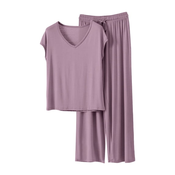 AherBiu 2 Piece Pajamas Pants Set V Neck Short Sleeve Tops with ...