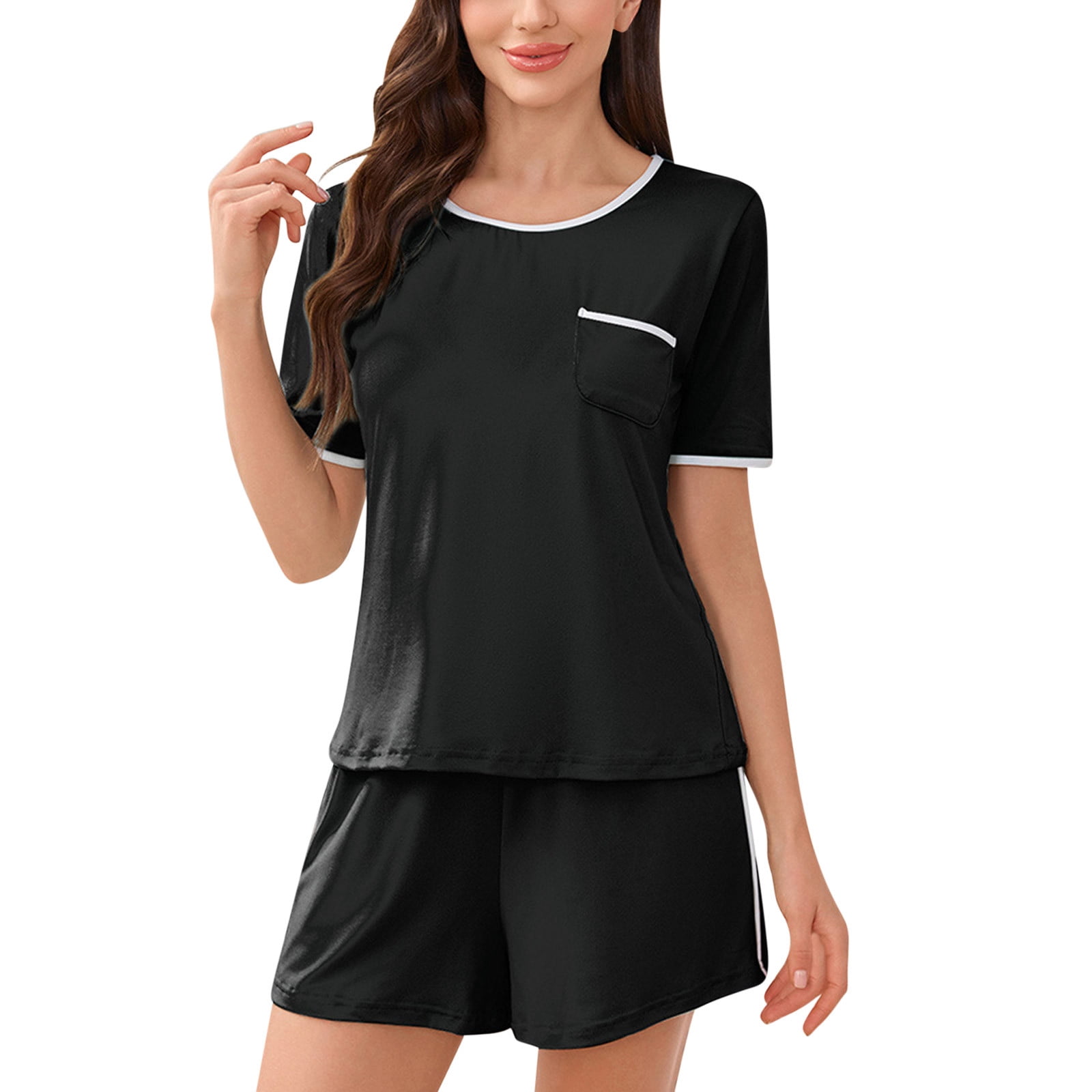 AherBiu 2 Piece Pajamas Set for Women Short Sleeve Tops with Shorts ...