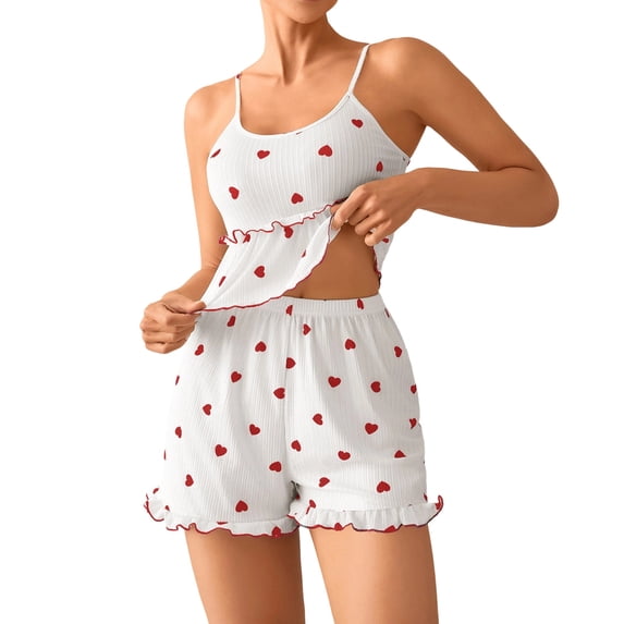 AherBiu 2 Piece Pajamas Sets for Women Heart Printed Camisole Tops with ...