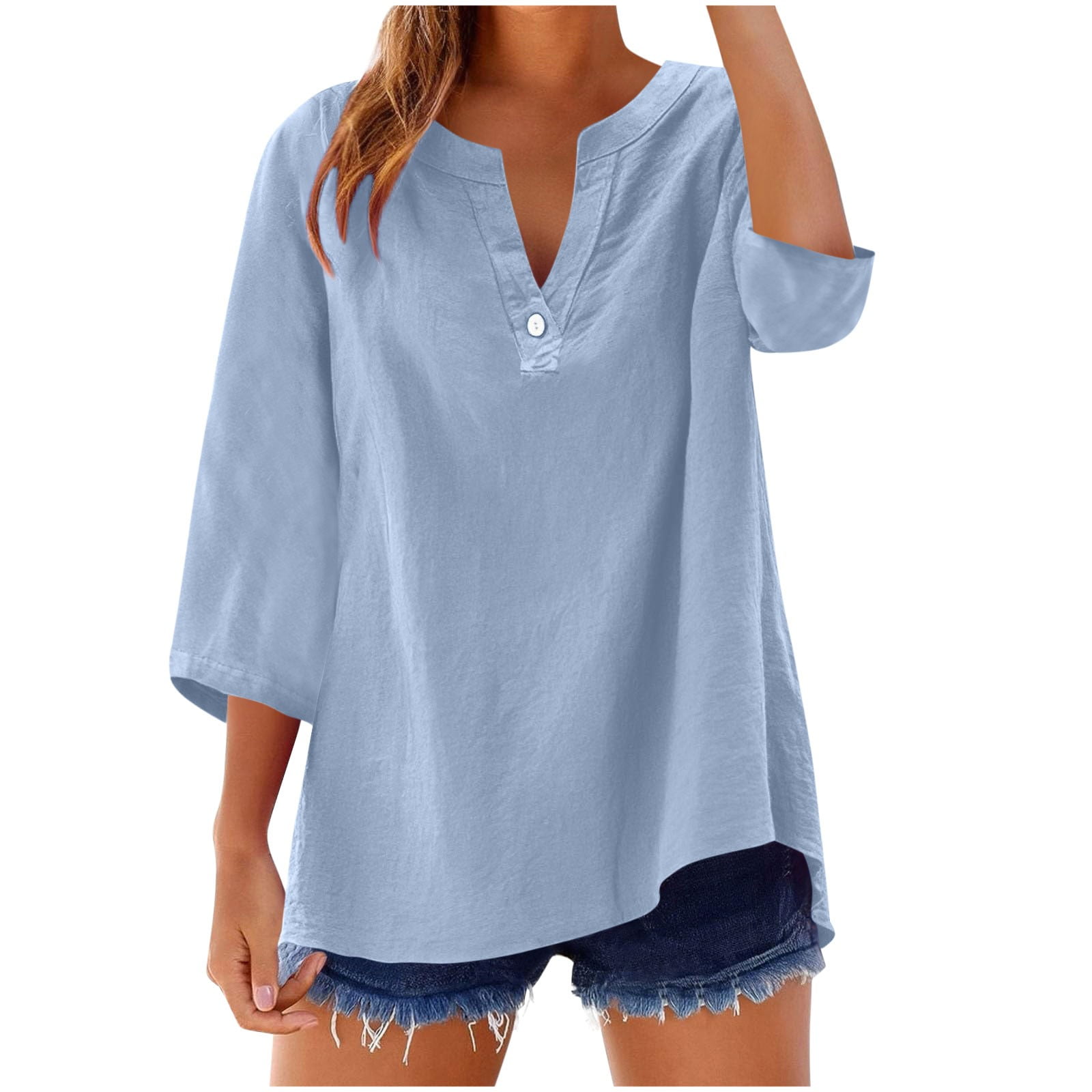 AherBiu 3/4 Sleeve Tops for Women Lightweight Button Notch V Neck Summer Casual Loose Shirts ...