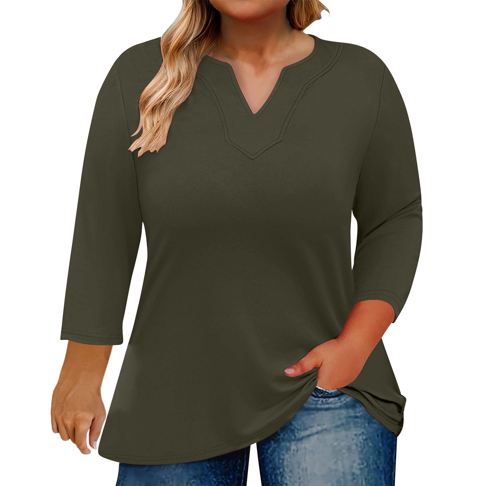 AherBiu 3/4 Sleeve Tops for Women Notch V Neck Comfy Plain T Shirts Summer Casual Loose Fitting ...