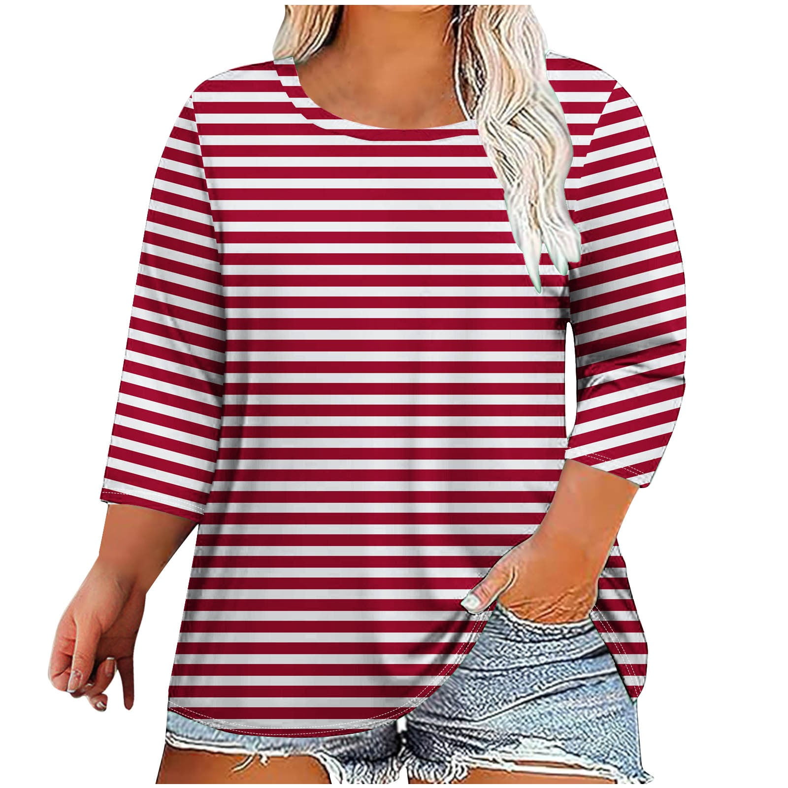 AherBiu 3/4 Sleeve Tops for Women Striped Crewneck Plus Size T Shirts Comfy Loose Tees Blouse ...