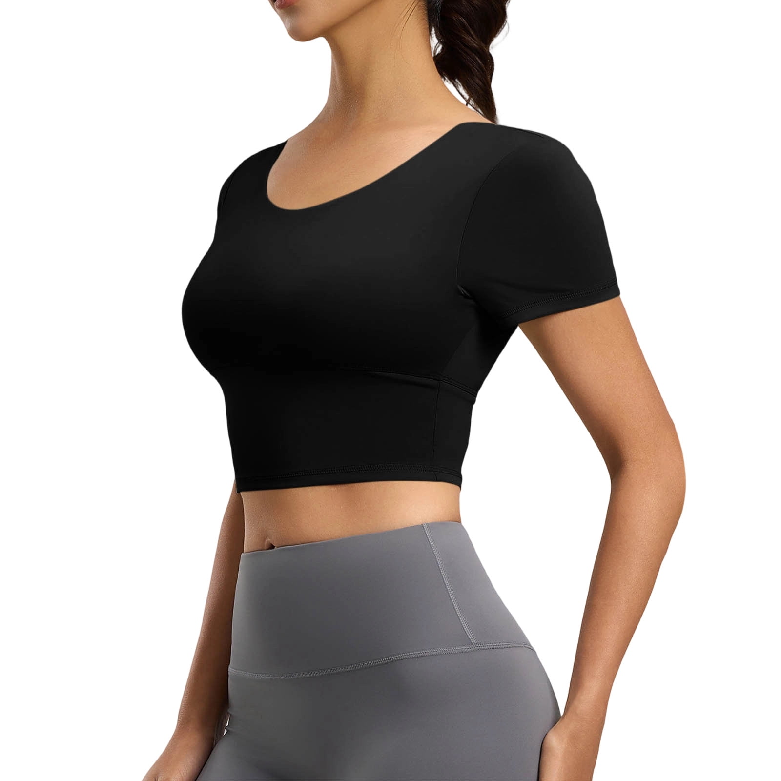 AherBiu Athletic Tops with Built Bra for Women Short Sleeve Crewneck ...