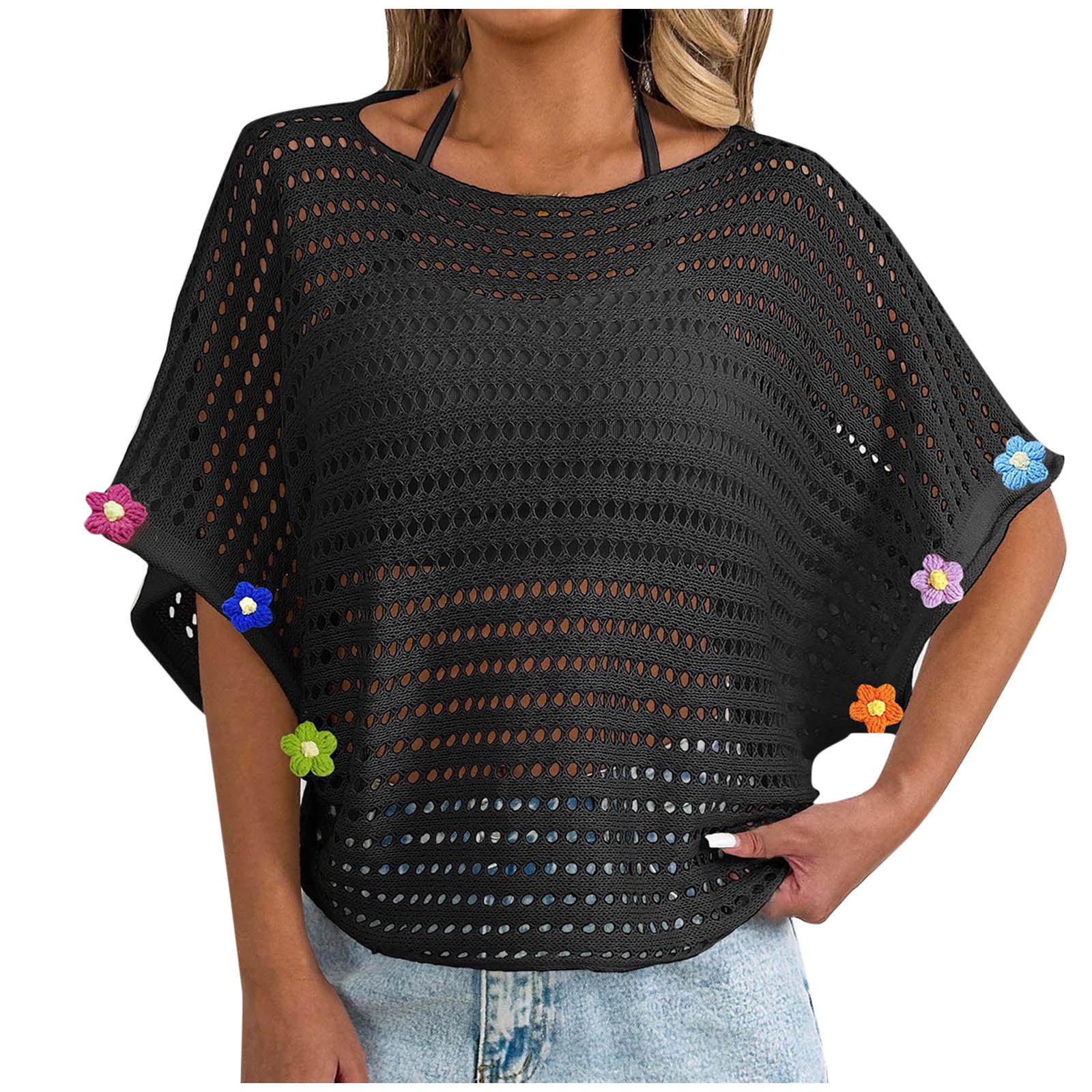 AherBiu Beach Coverups for Women Hollow out Crewneck Casual Loose ...