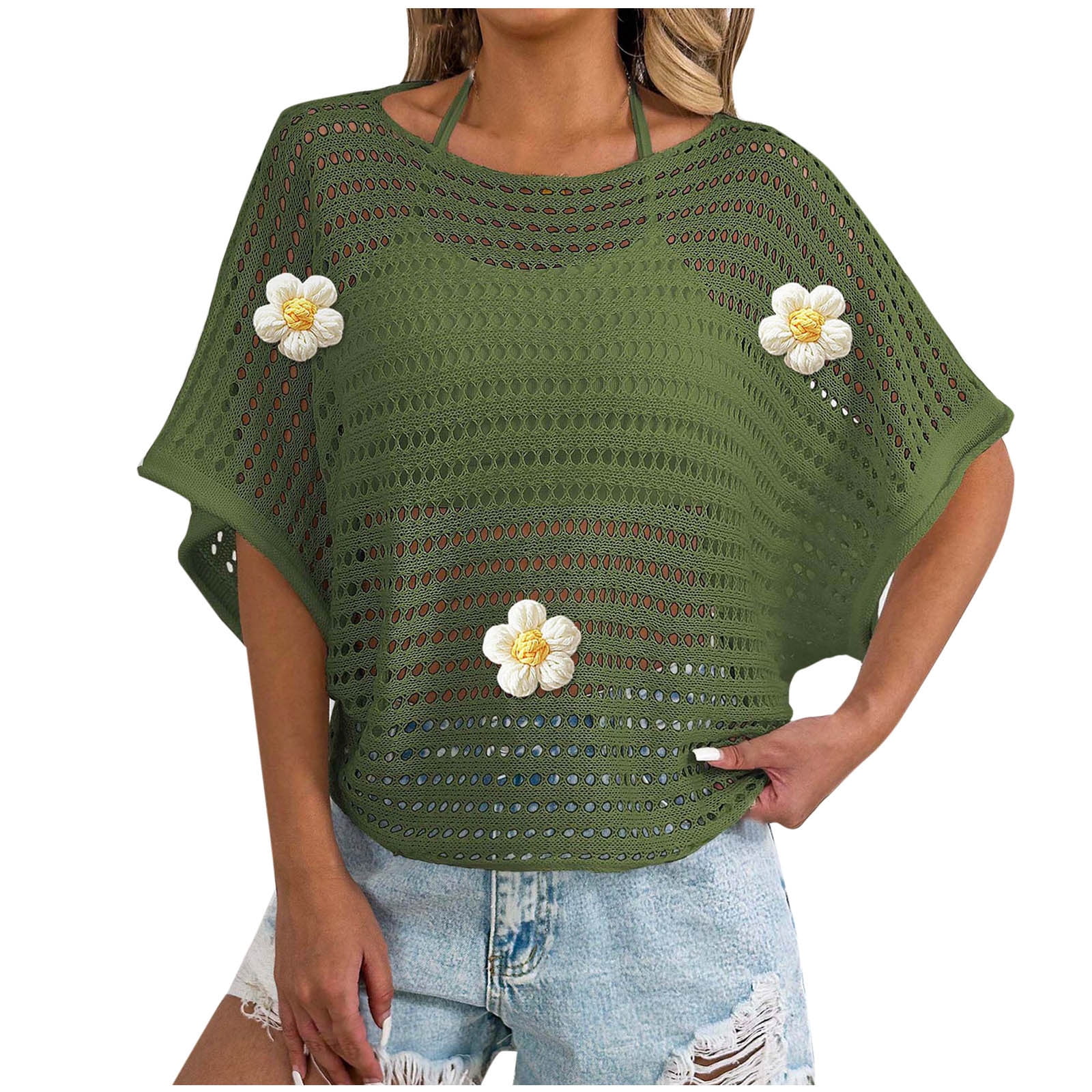 AherBiu Beach Coverups for Women Hollow out Crewneck Casual Loose ...
