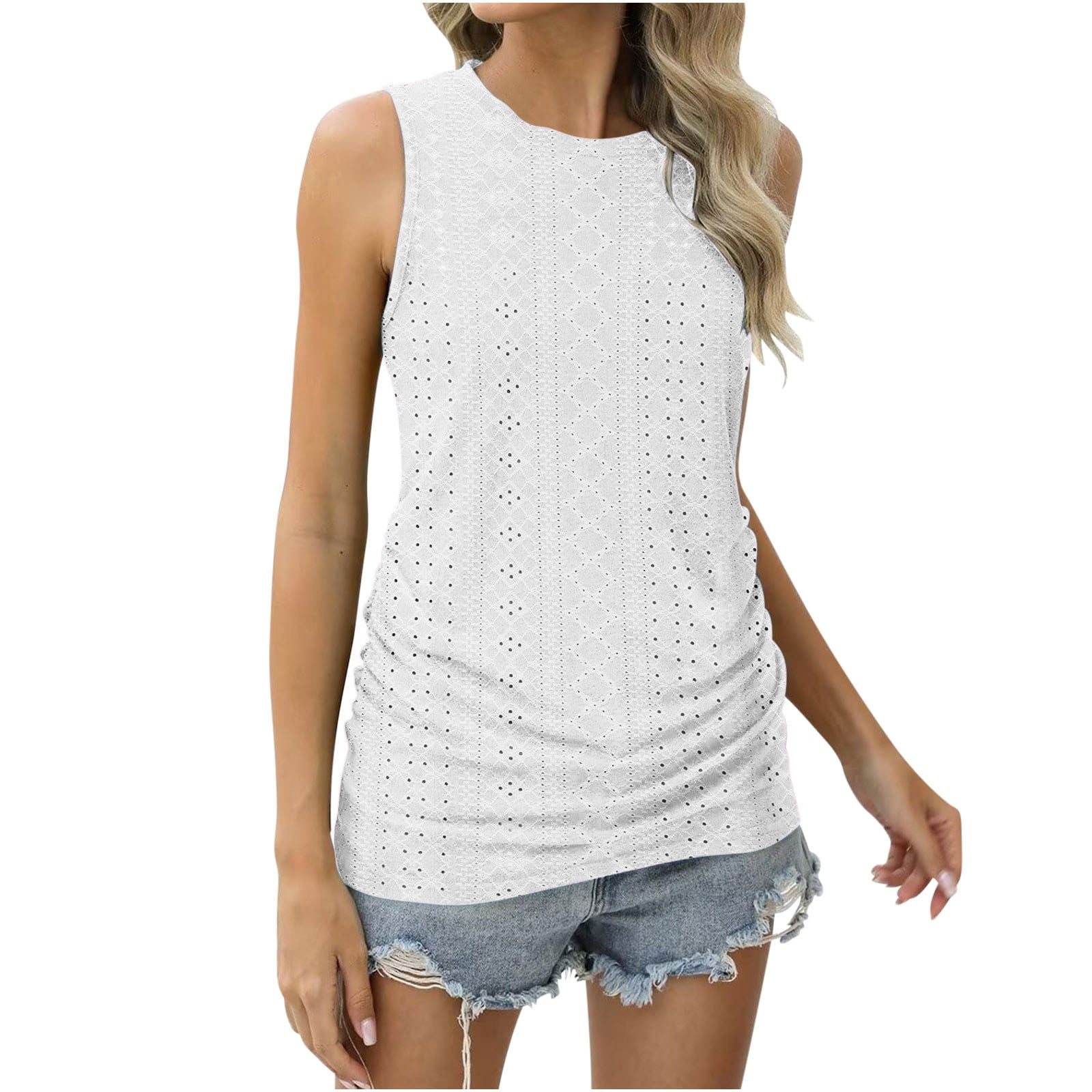 AherBiu Beach Tank Tops for Women Eyelet Hole Crewneck Summer Casual Boho Cami Sleeveless Shirts ...