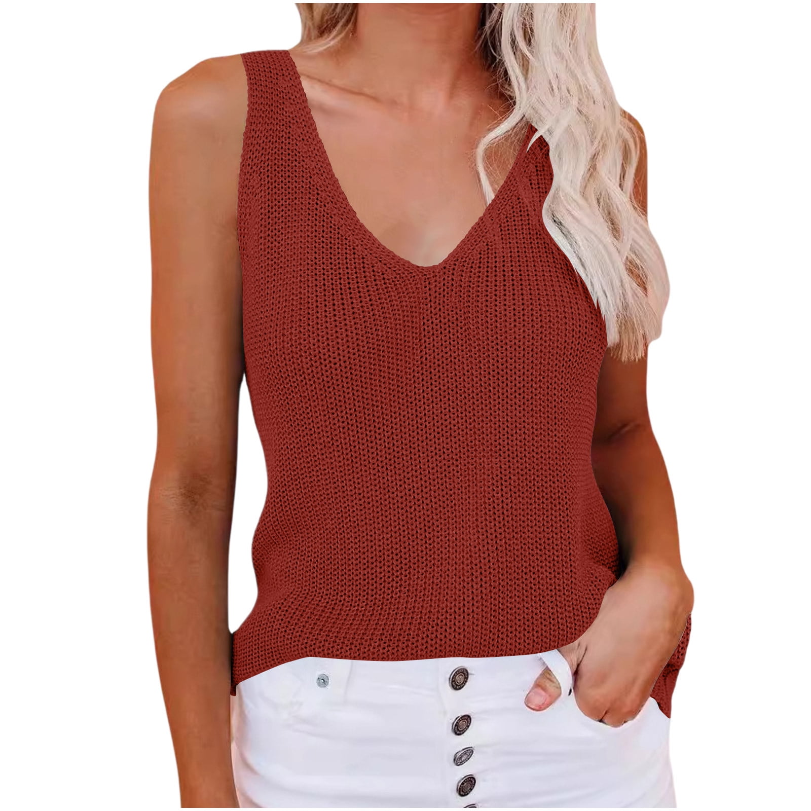AherBiu Beach Tank Tops for Women V Neck Knitted Sweater Pullover Tops Sleeveless Summer ...