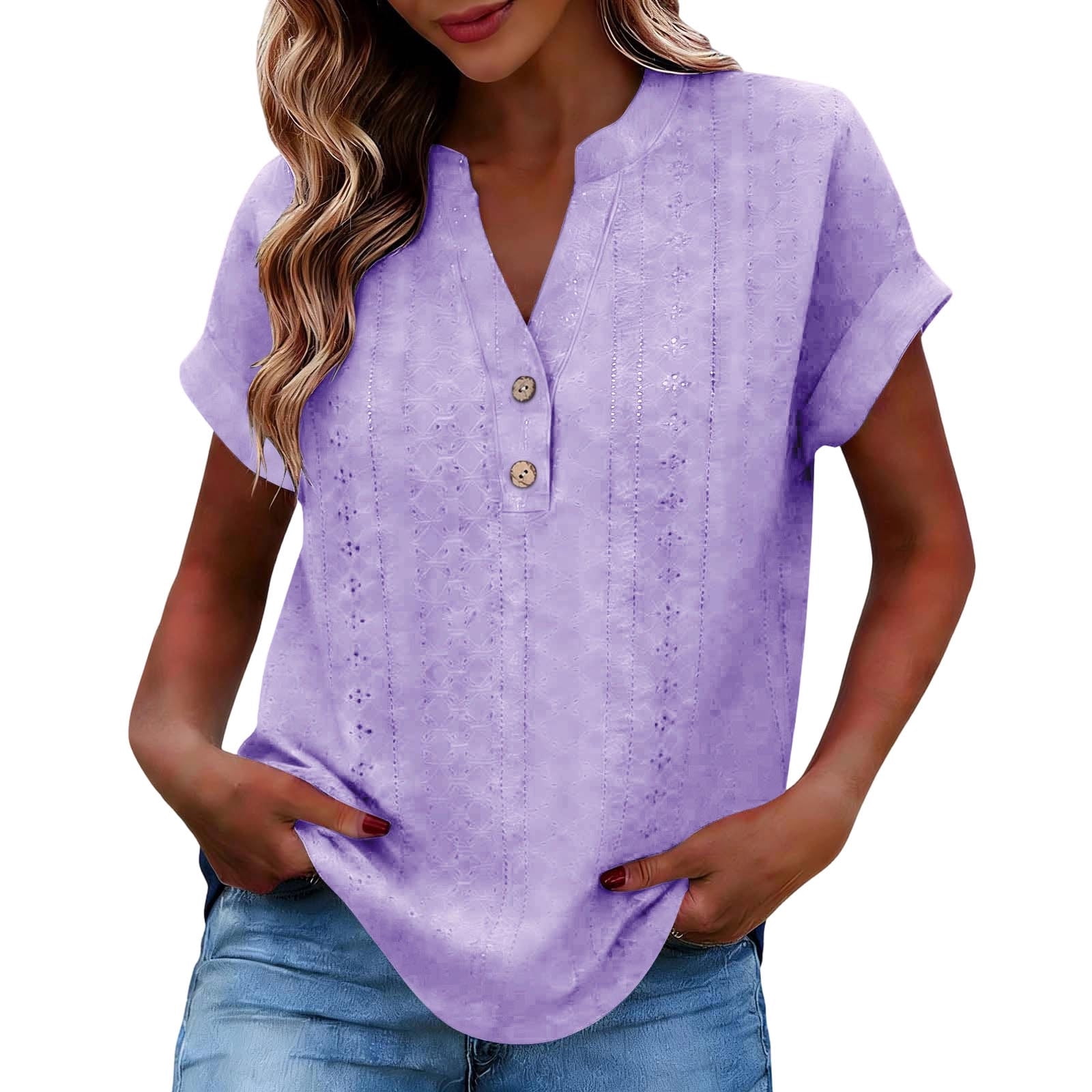 AherBiu Beach Tops for Women Eyelet Quarter Button Notch V Neck Short ...