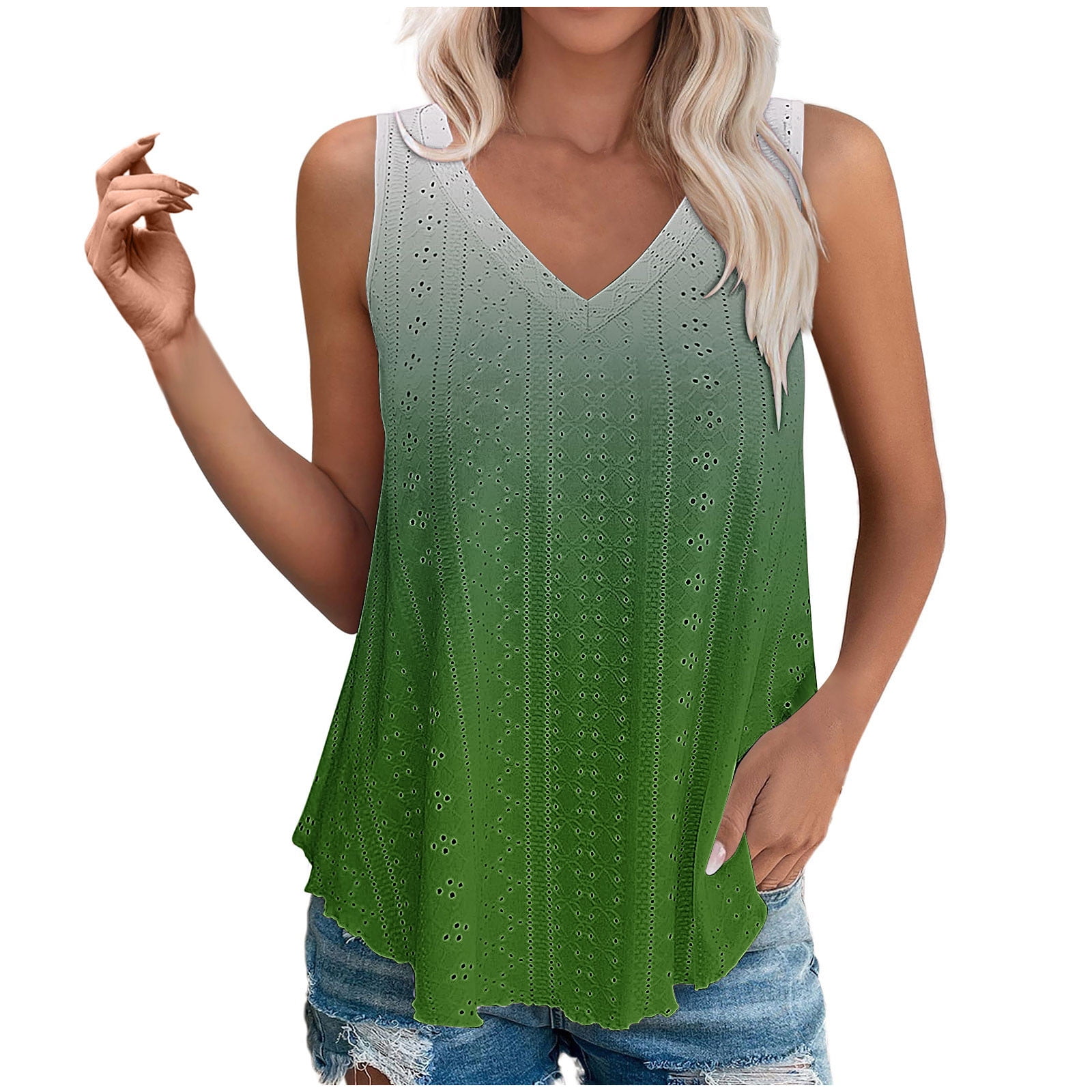 AherBiu Beach Tops for Women Eyelet Vacation Tank Tops V Neck Sleeveless Gradient Color Cami ...