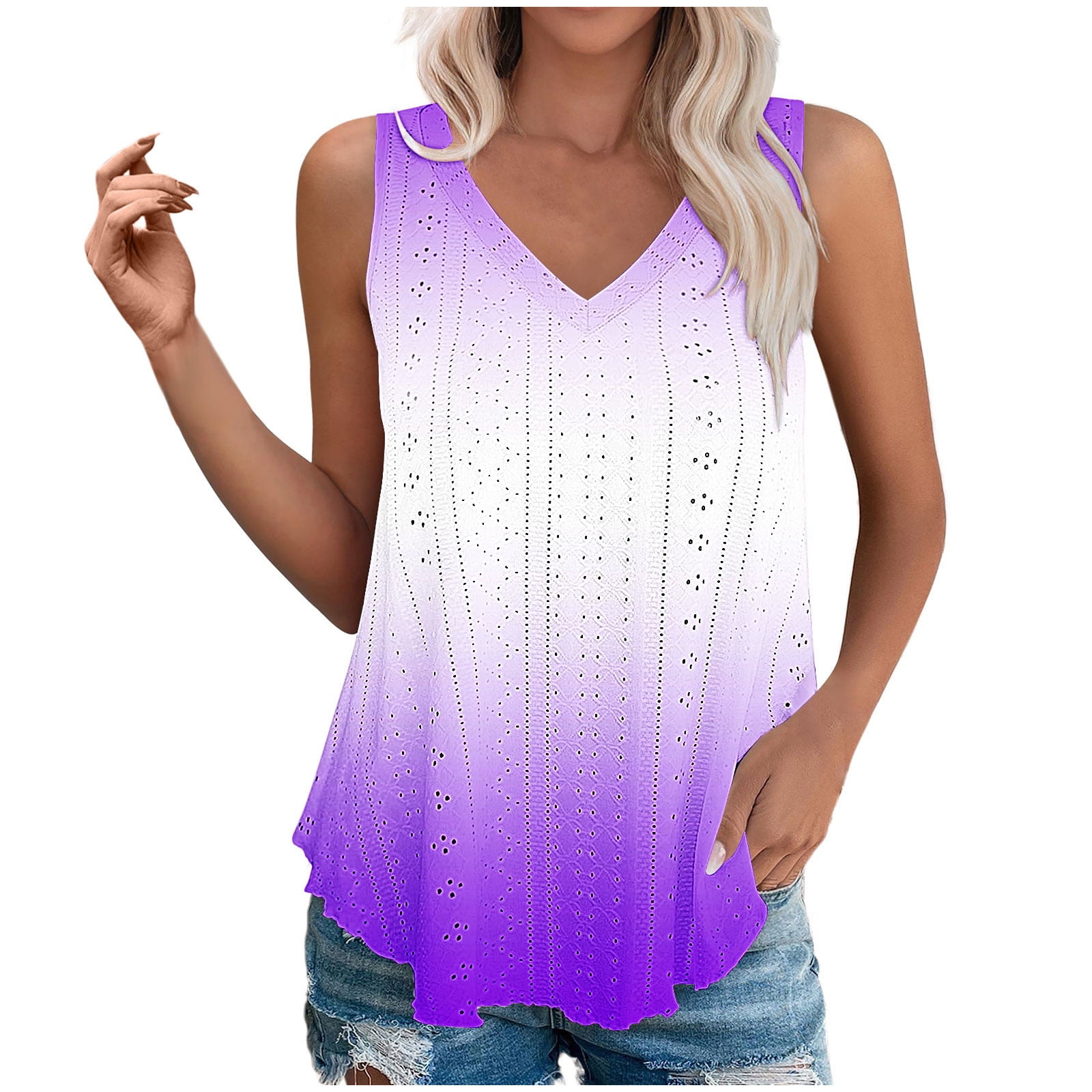 Aherbiu Beach Tops For Women Eyelet Vacation Tank Tops V Neck Sleeveless Gradient Color Cami