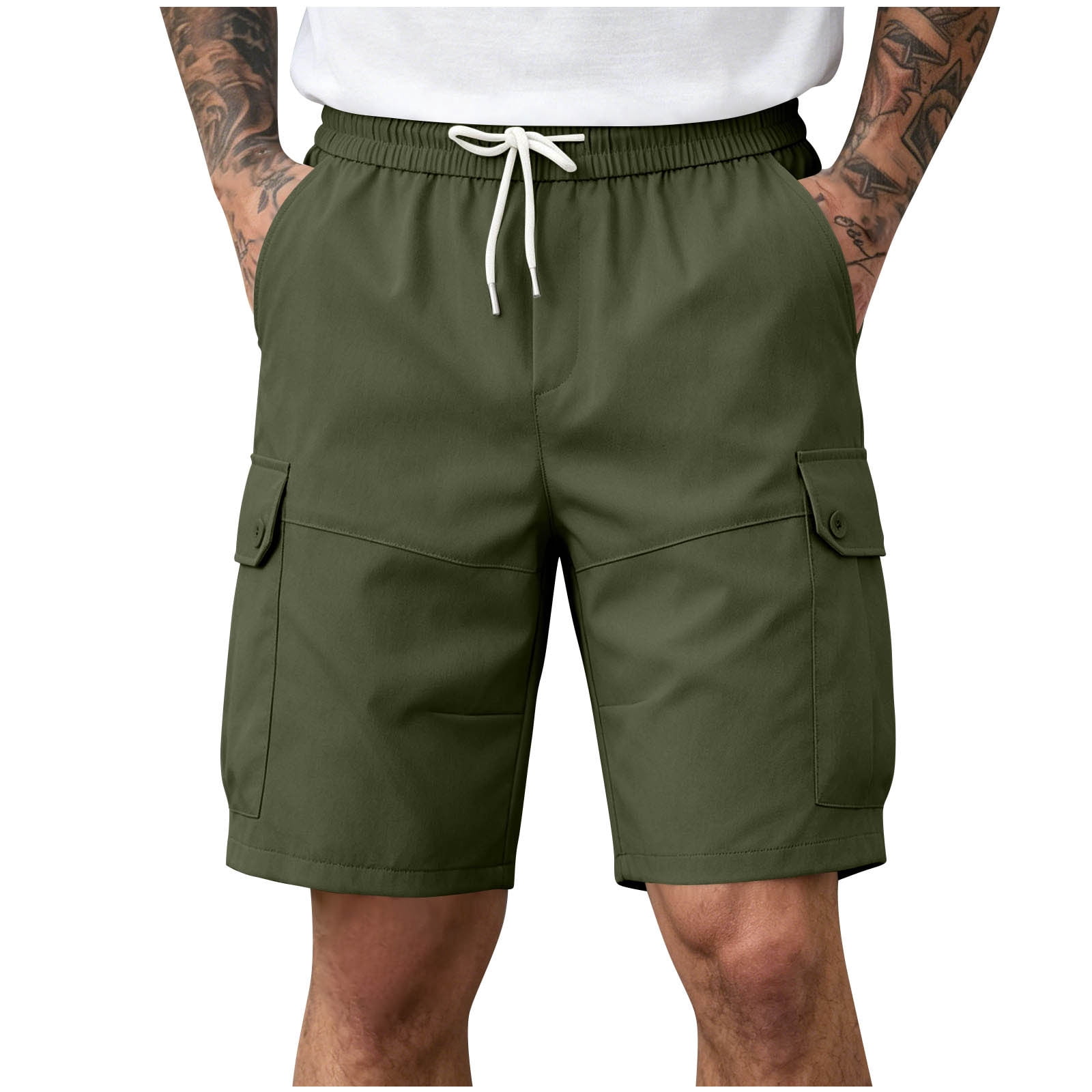 AherBiu Bermuda Cargo Shorts for Men Drawstring Elastic Waist Straight ...
