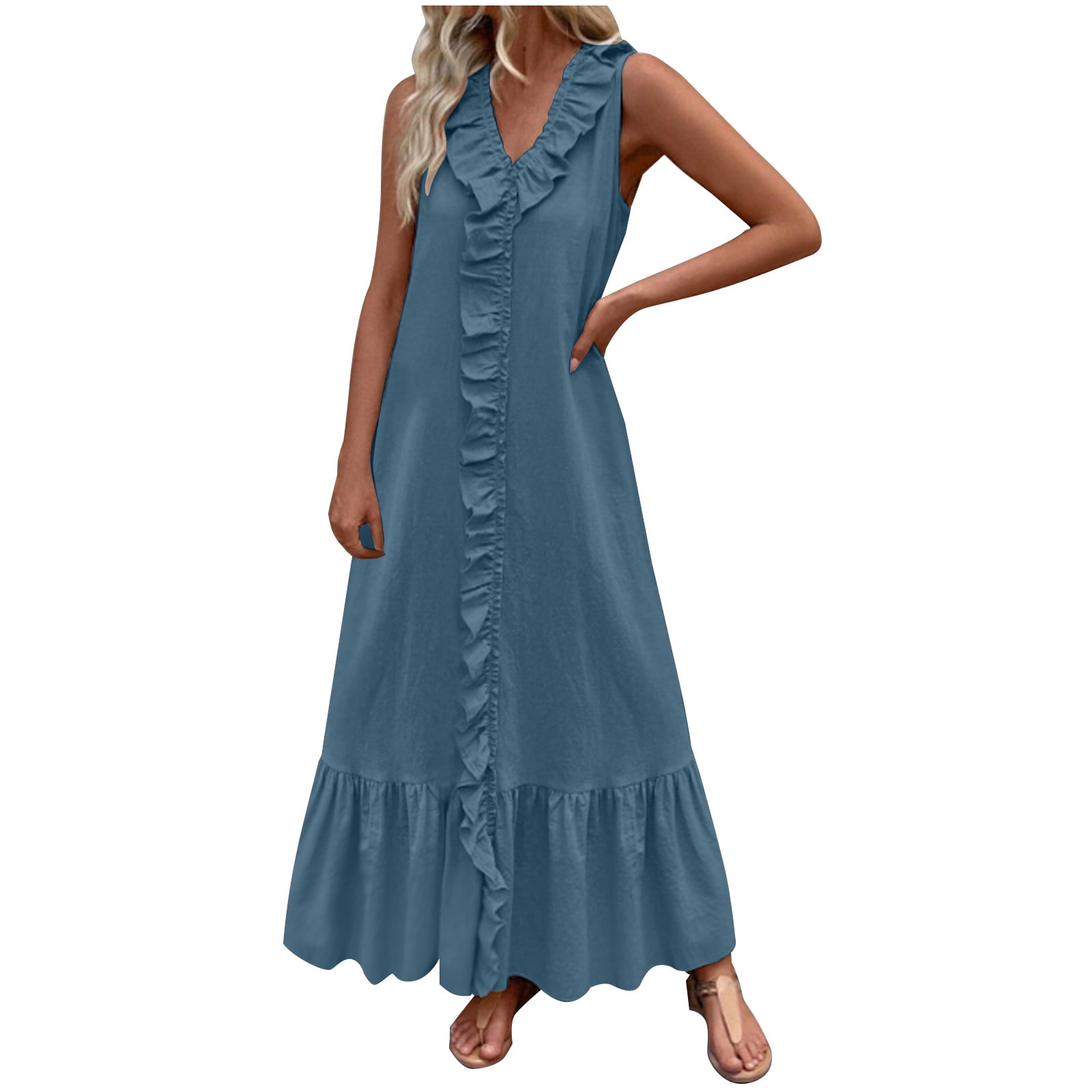 AherBiu Boho Dresses for Women Sleeveless V Neck Ruffle Summer Tank ...