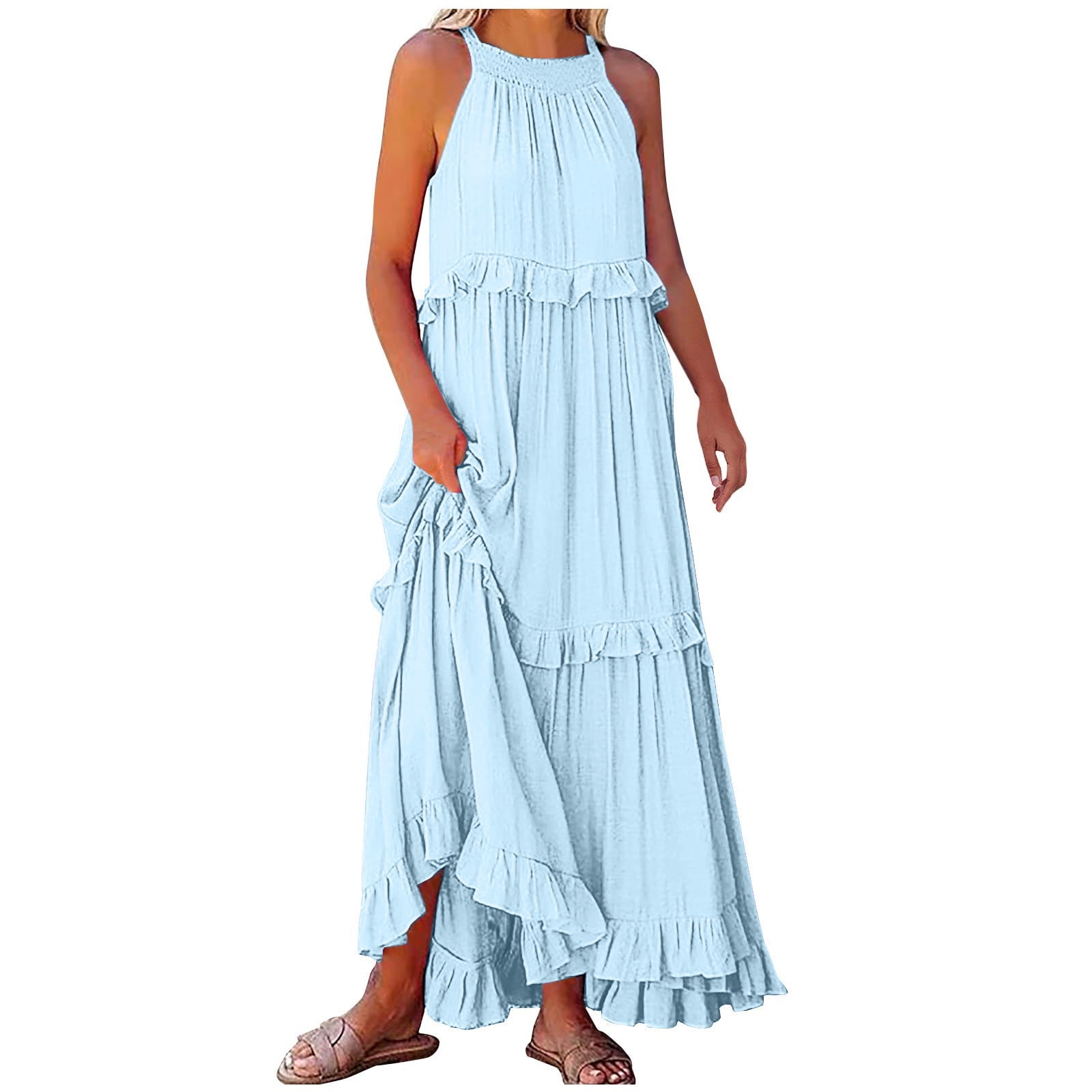 AherBiu Boho Maxi Dresses for Women Halter Neck Layered Ruffle Flowy ...