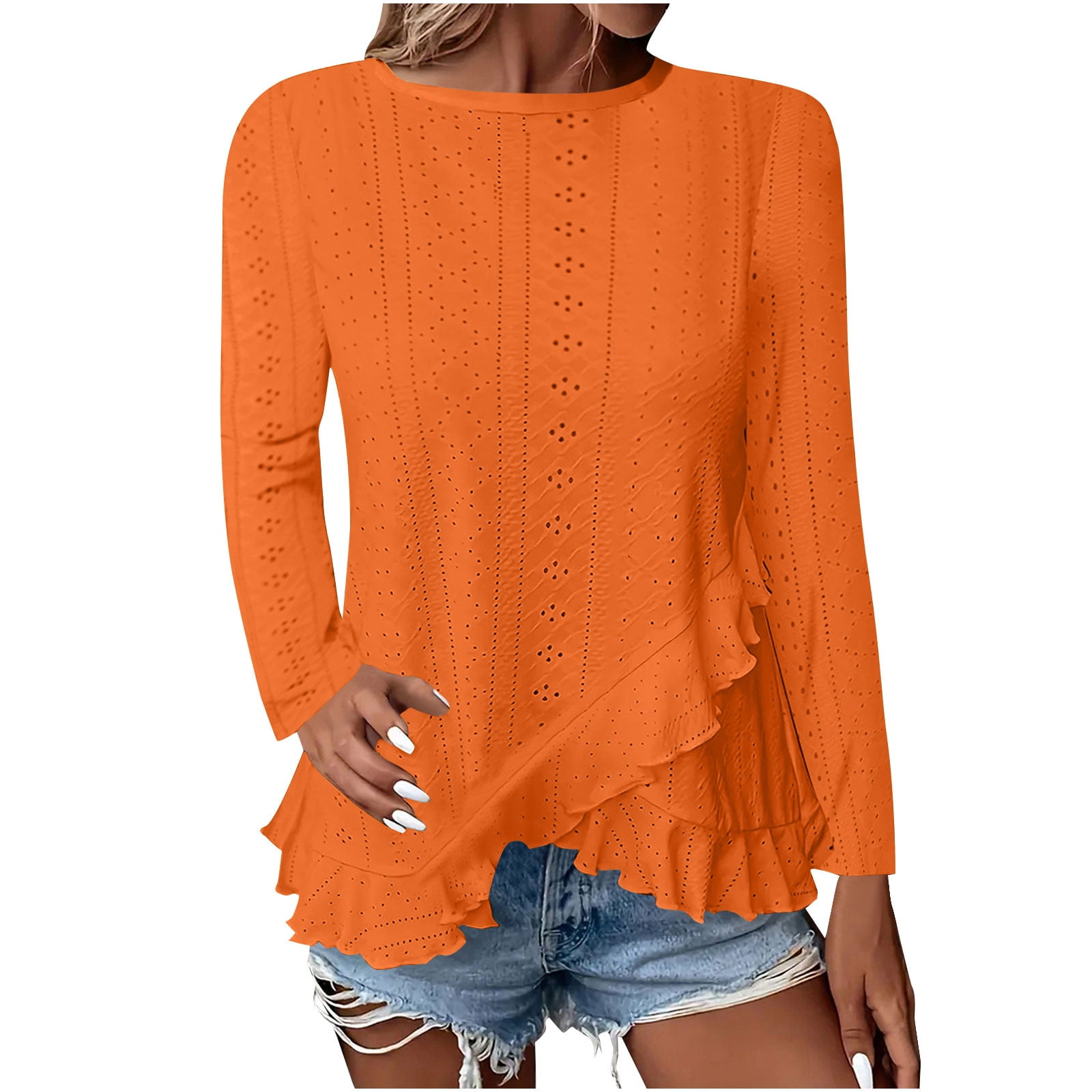 AherBiu Boho Shirt for Women Long Sleeve Tops Eyelet Ruffle Wrap Slit ...