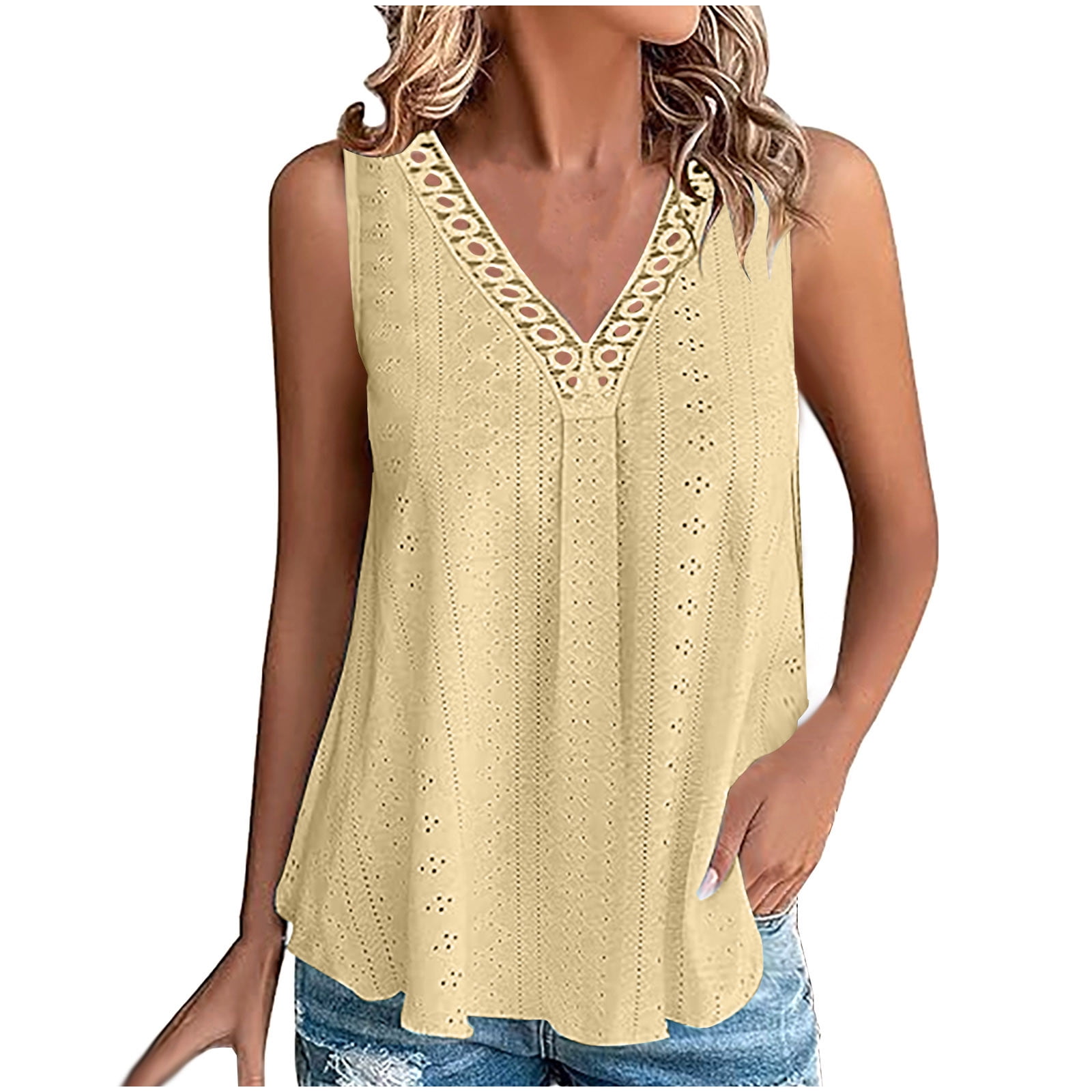 AherBiu Boho Tank Tops for Women Eyelet Crochet V Neck Summer Beach ...