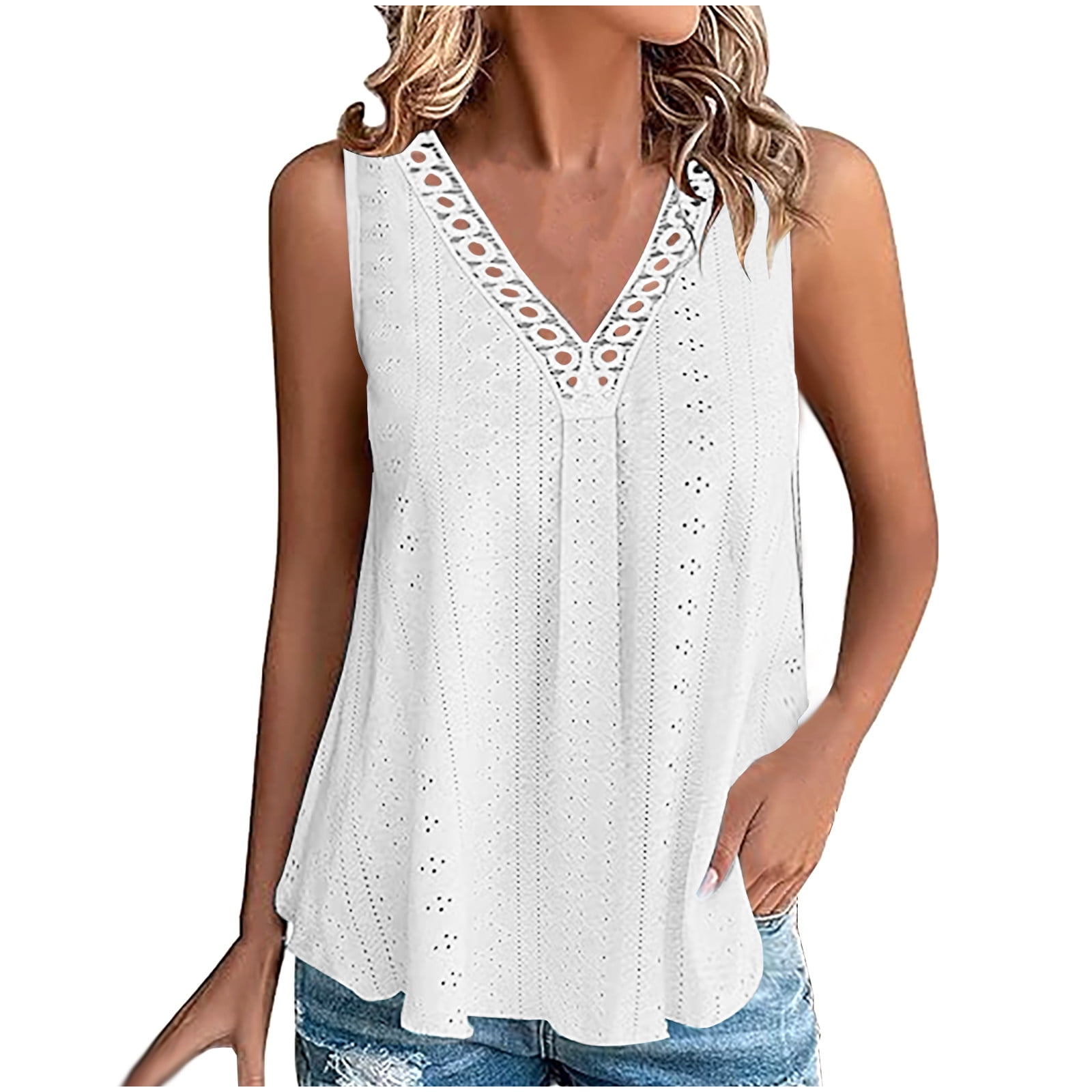 AherBiu Boho Tank Tops for Women Eyelet Crochet V Neck Summer Beach Camisole Tops Sleeveless ...