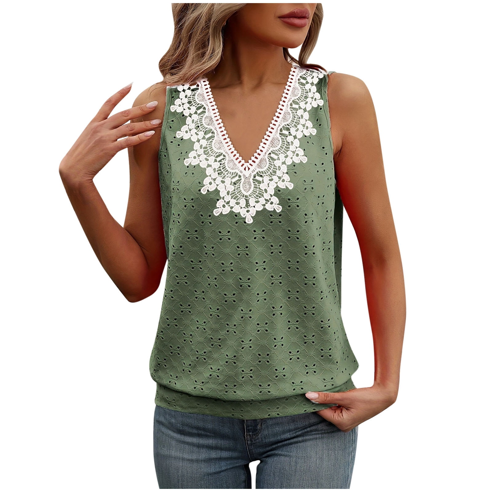 AherBiu Boho Tank Tops for Women Lace Crochet V Neck Eyelet Hole Summer ...