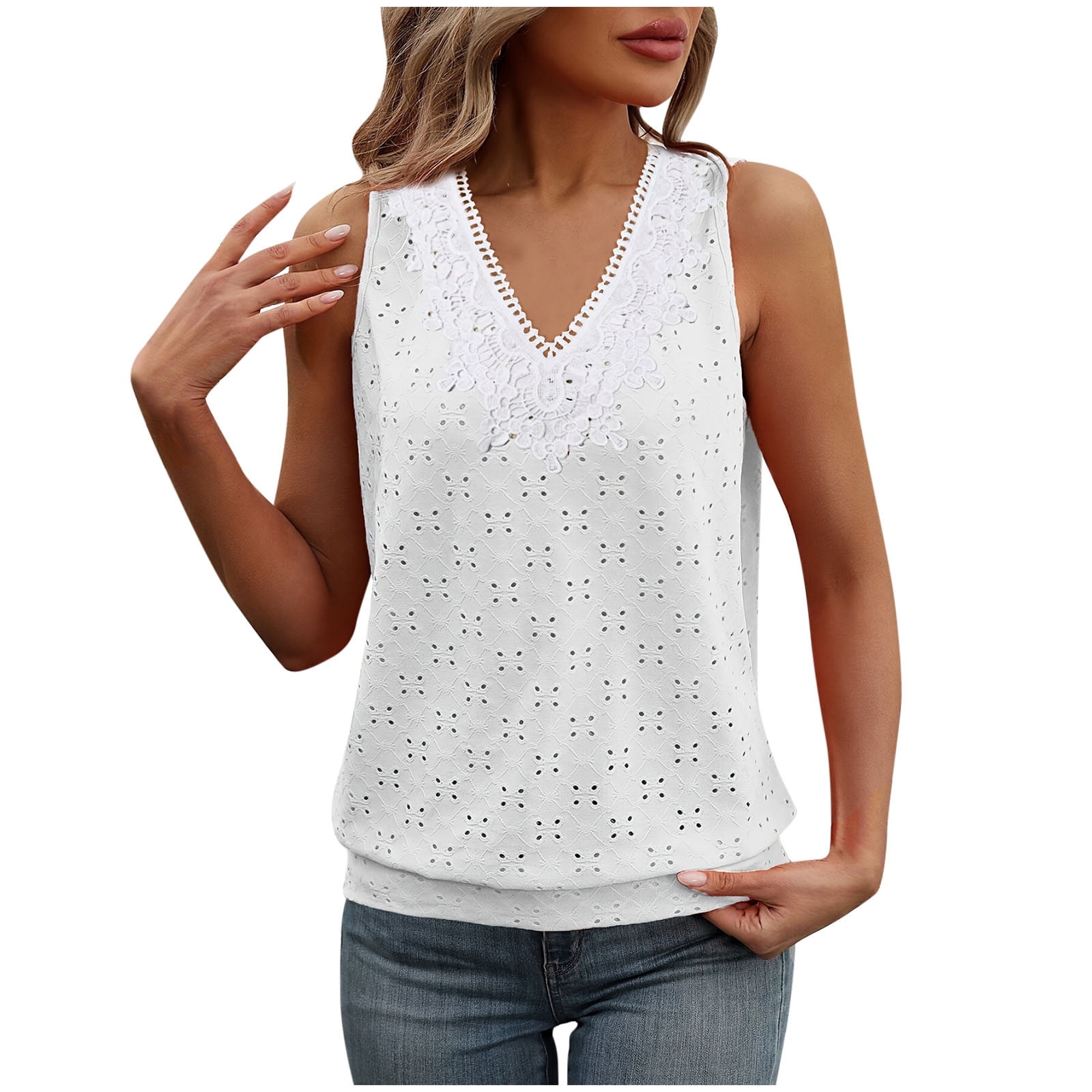 AherBiu Boho Tank Tops for Women Lace Crochet V Neck Eyelet Hole Summer ...