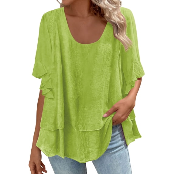 AherBiu Boho Tops for Women Layered Ruffle 1/2 Sleeve Scoop Neck Plus ...