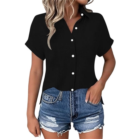 AherBiu Button down Shirt for Women Short Sleeve Lapel V Neck ...