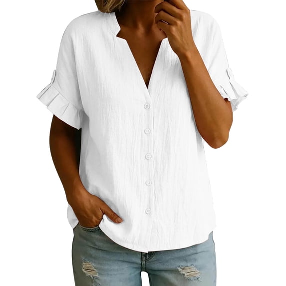 AherBiu Button down Shirts for Women V Neck Ruffle Cuff Short Sleeve ...