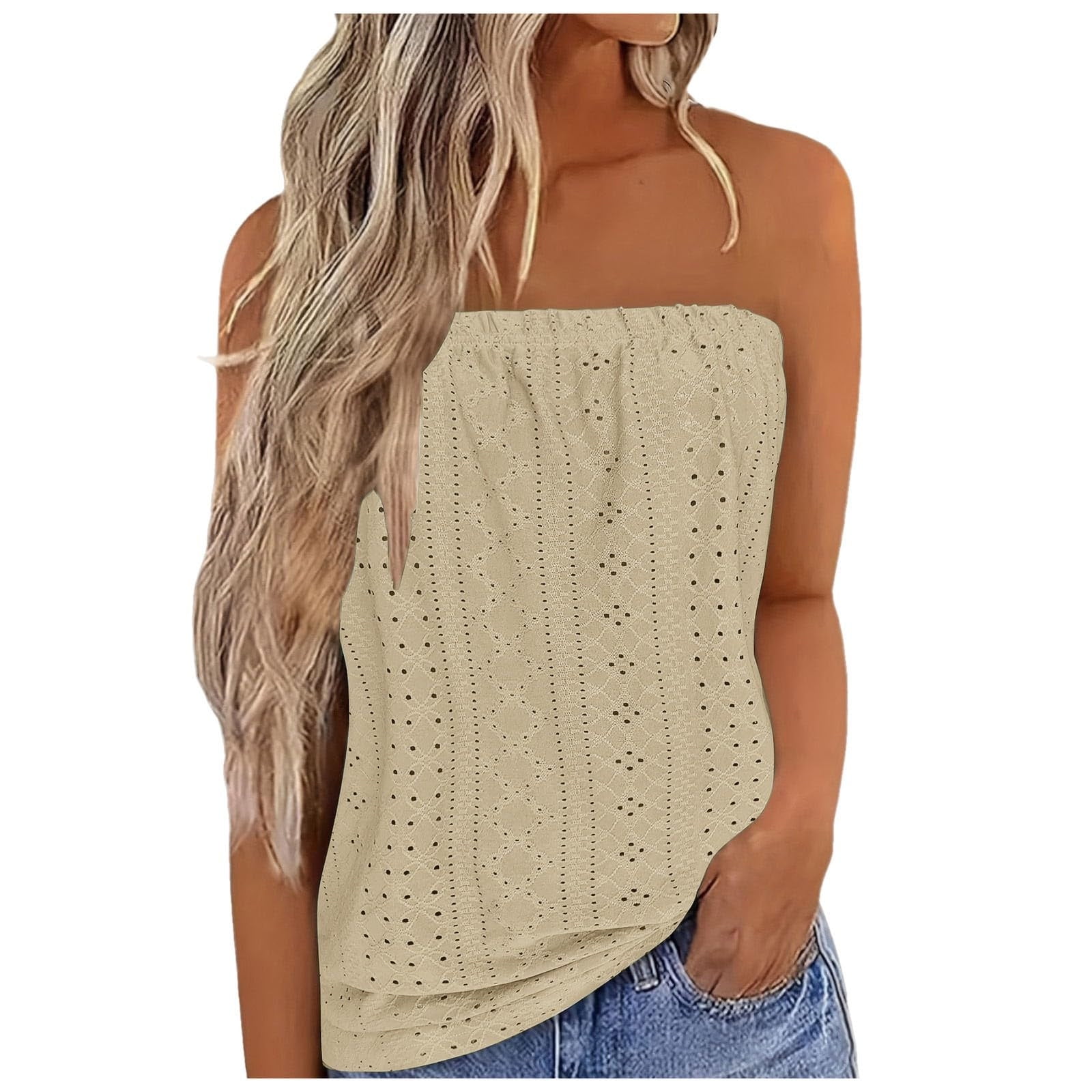 AherBiu Boho Tube Tops for Women off Shoulder Sleeveless Elastic Eyelet Hole Vacation Summer ...