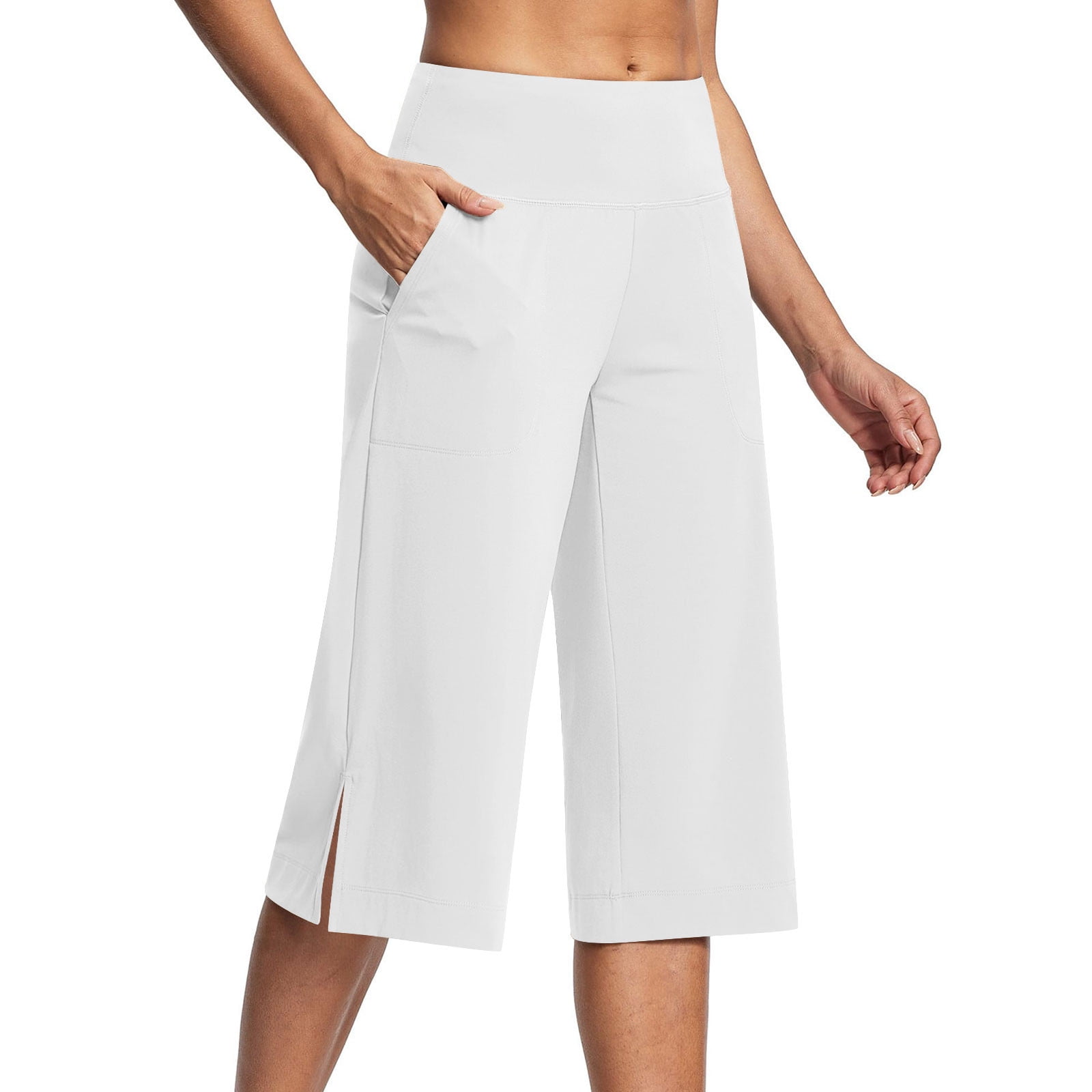 AherBiu Capri Pants for Women Slit Straight Leg Stretch 3/4 Length Yoga ...