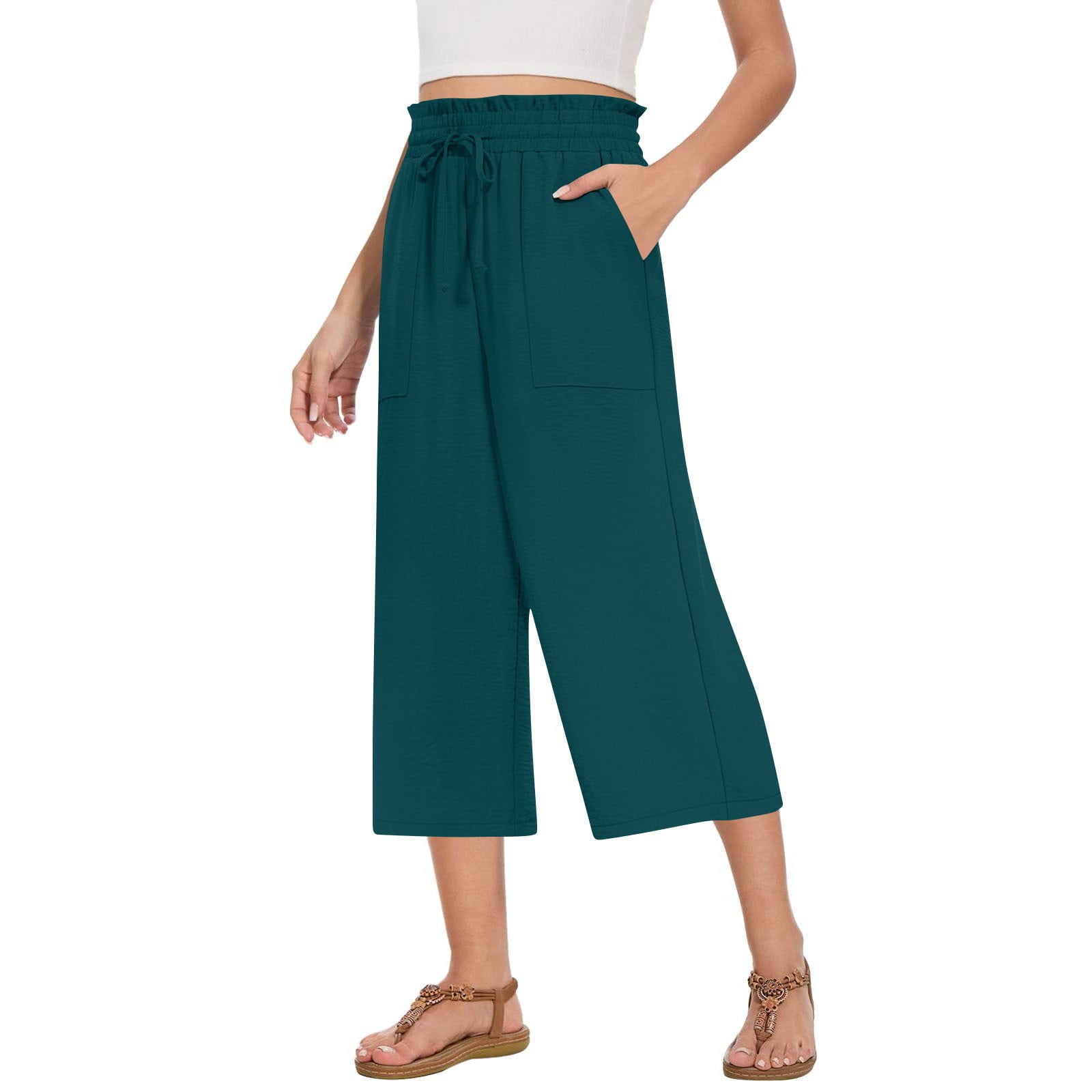 AherBiu Capri Pants for Women Straight Wide Leg High Waisted Summer ...