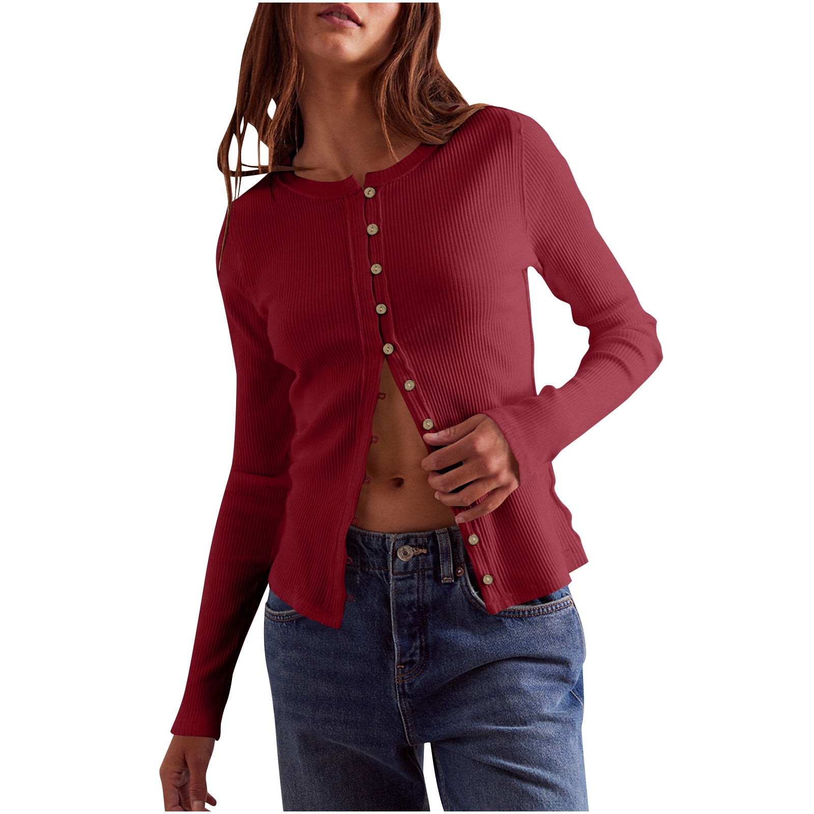 AherBiu Cardigan Tops for Women Button down Open Front Ribbed Long ...