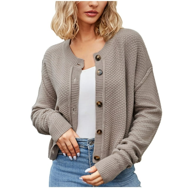 Aherbiu Cardigan For Women Button Down Crew Neck Long Sleeve Knitwear