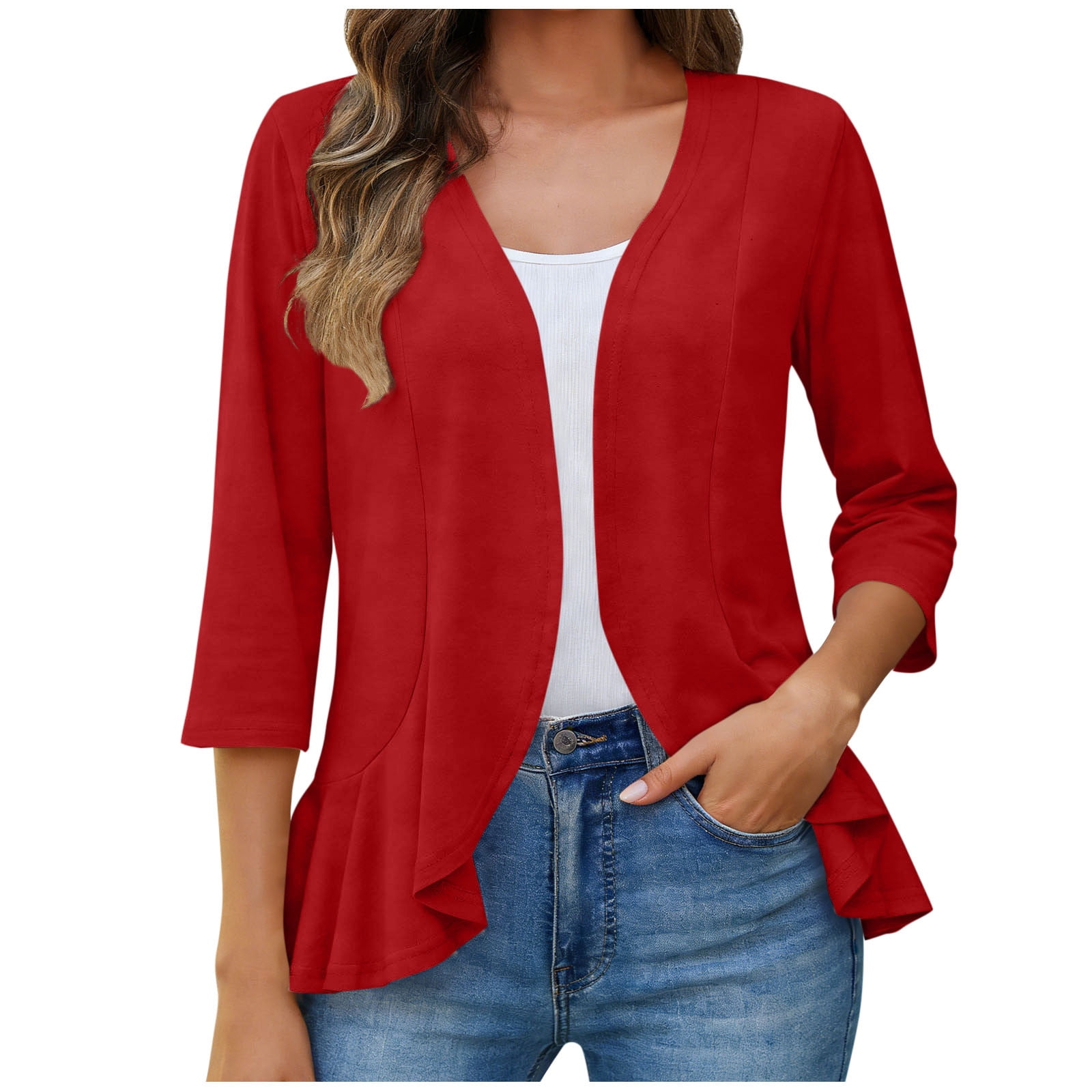 AherBiu Cardigan for Women Open Front Ruffle Hem 3/4 Sleeve Dressy ...