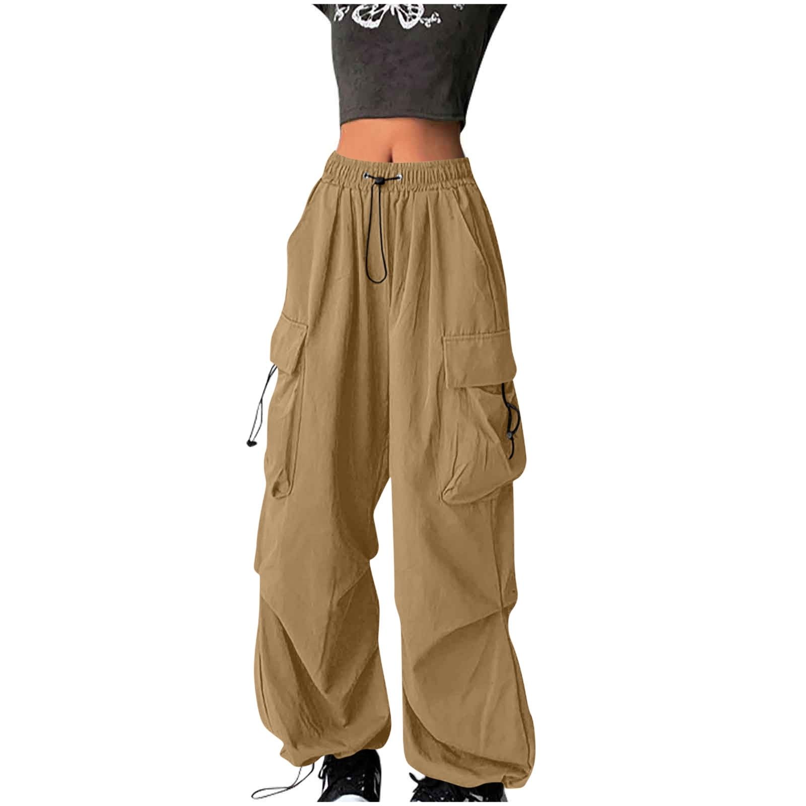 AherBiu Cargo Pants for Women Baggy Straight Wide Leg Drawstring ...