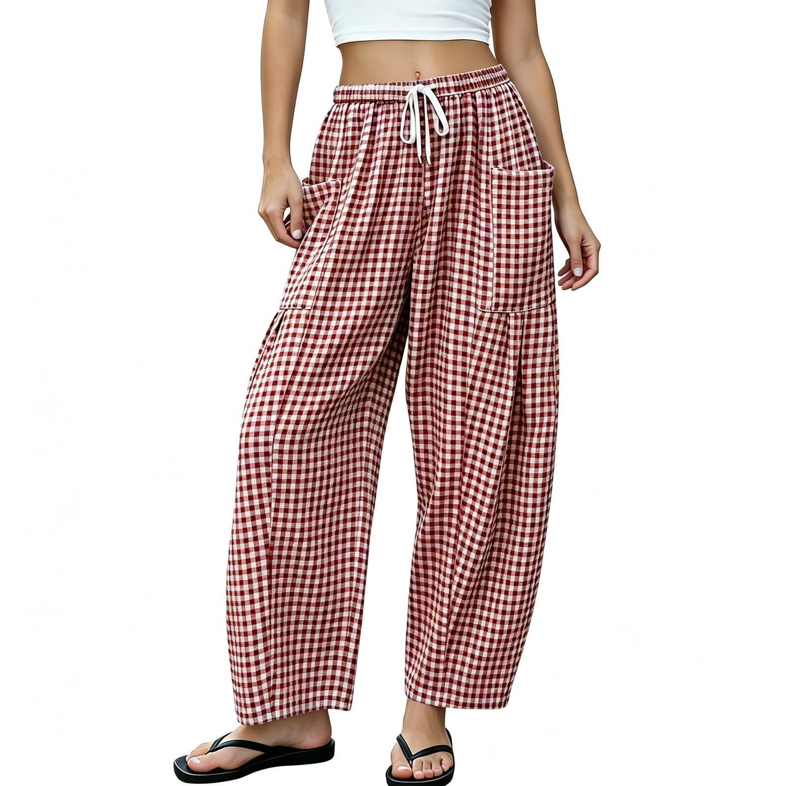 AherBiu Casual Pants for Women Plaid Baggy Loose Drawstring High ...