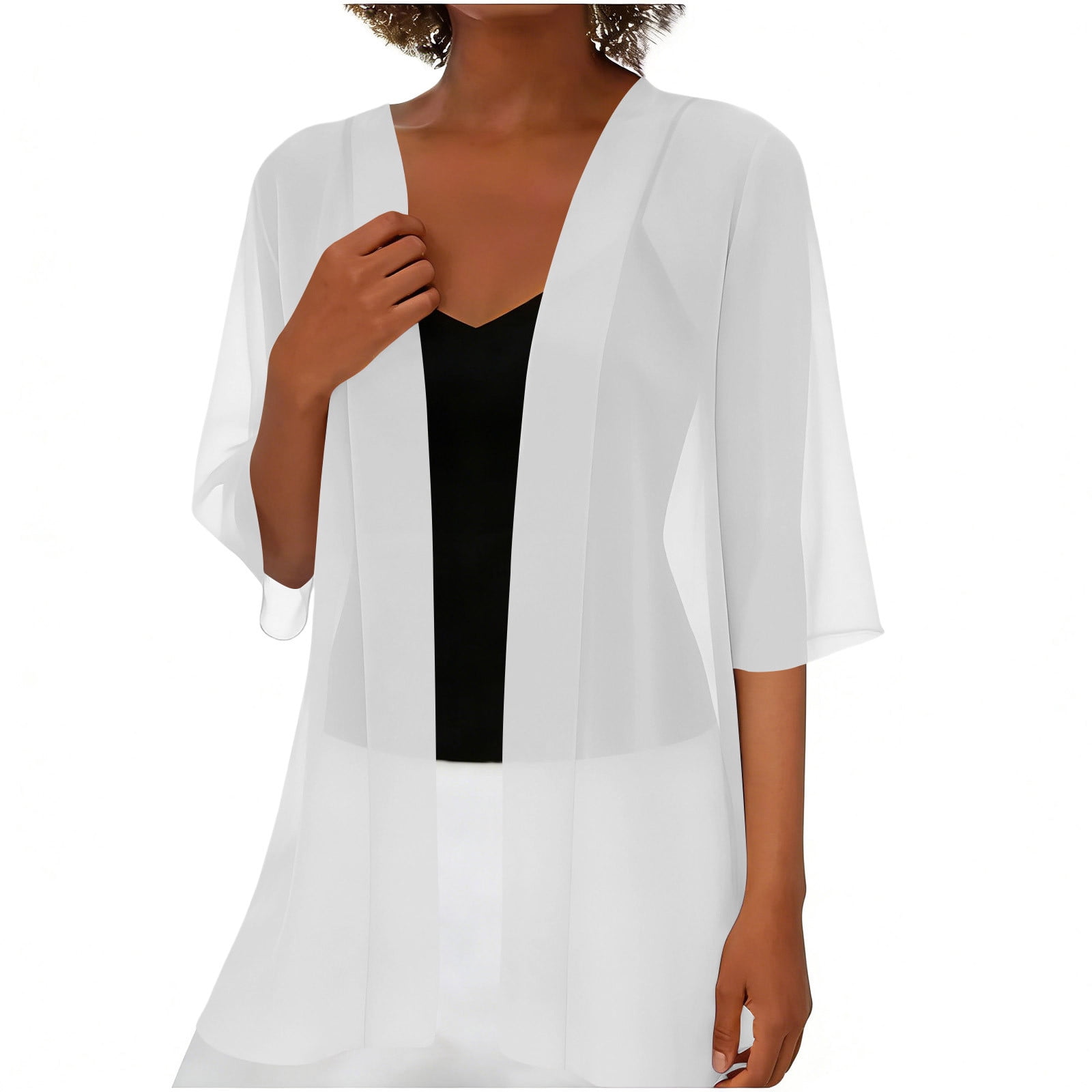 AherBiu Chiffon Cardigan for Women Open Front 1/2 Sleeve Lightweight ...